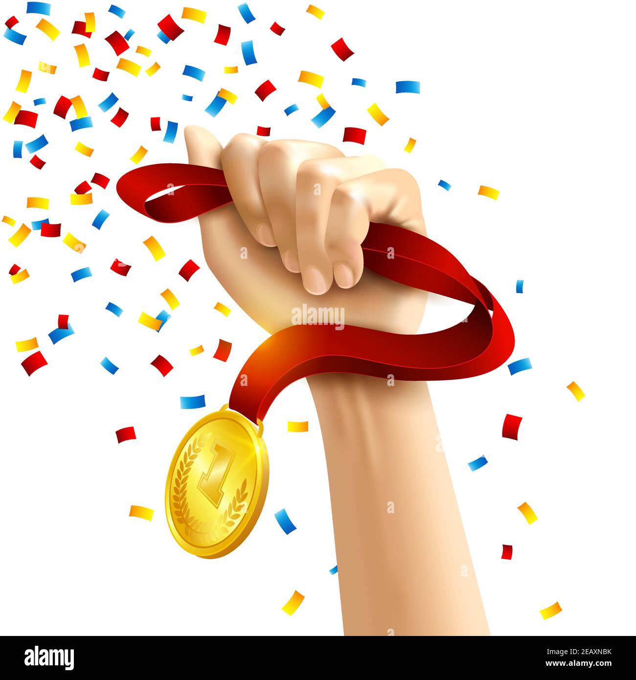 Hand holding a winners medal in multi colored confetti concept vector ...