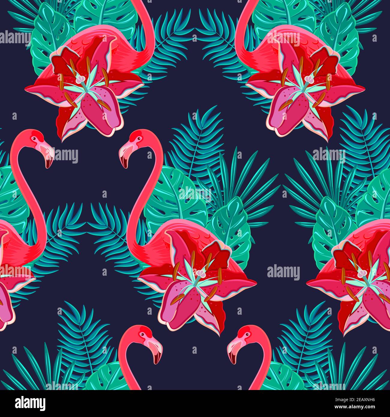 Flamingo birds and tropical hibiscus bright flowers tropical foliage ...