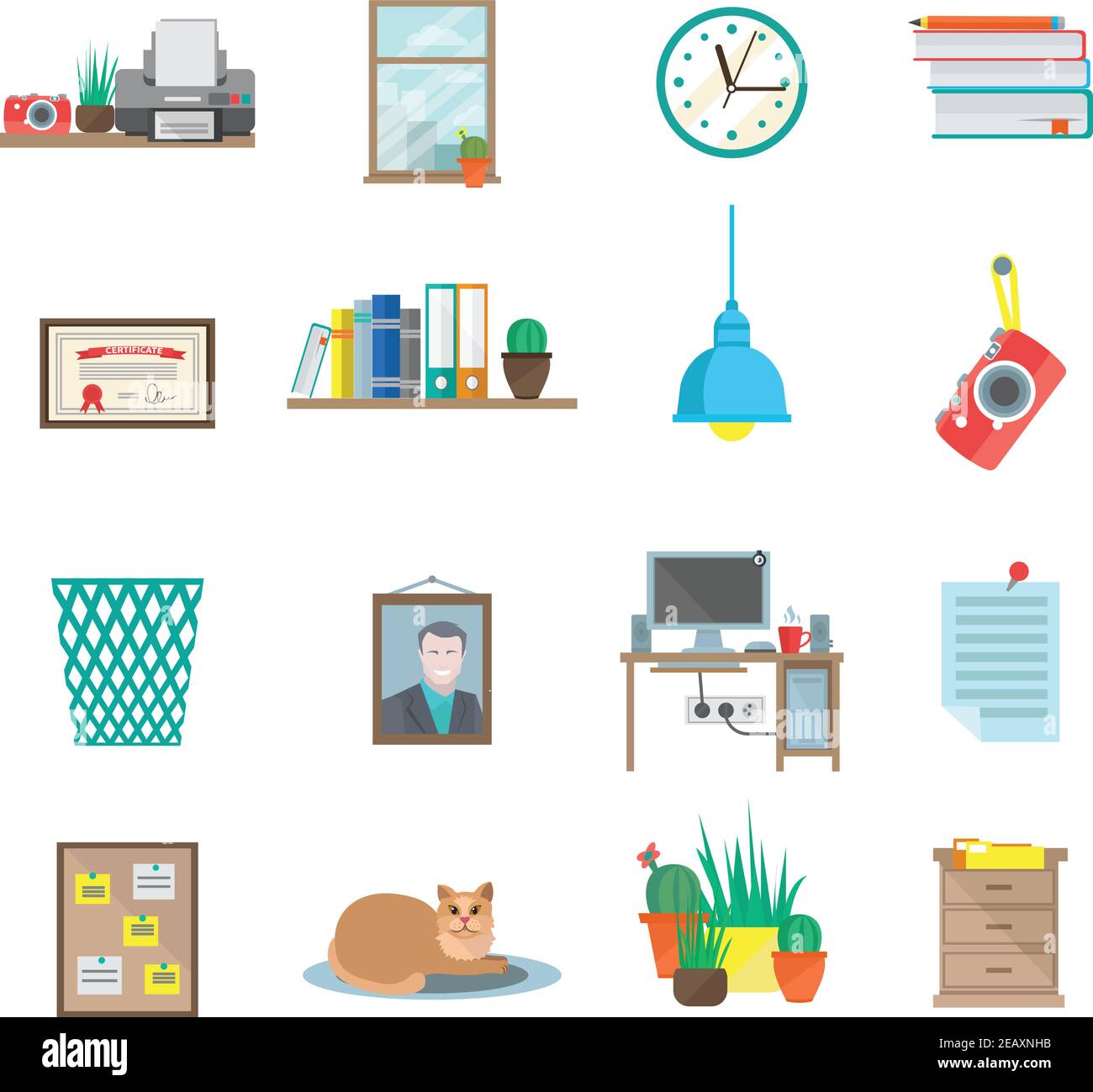 Workplace room icons set with table bookshelf supplies certificate ...