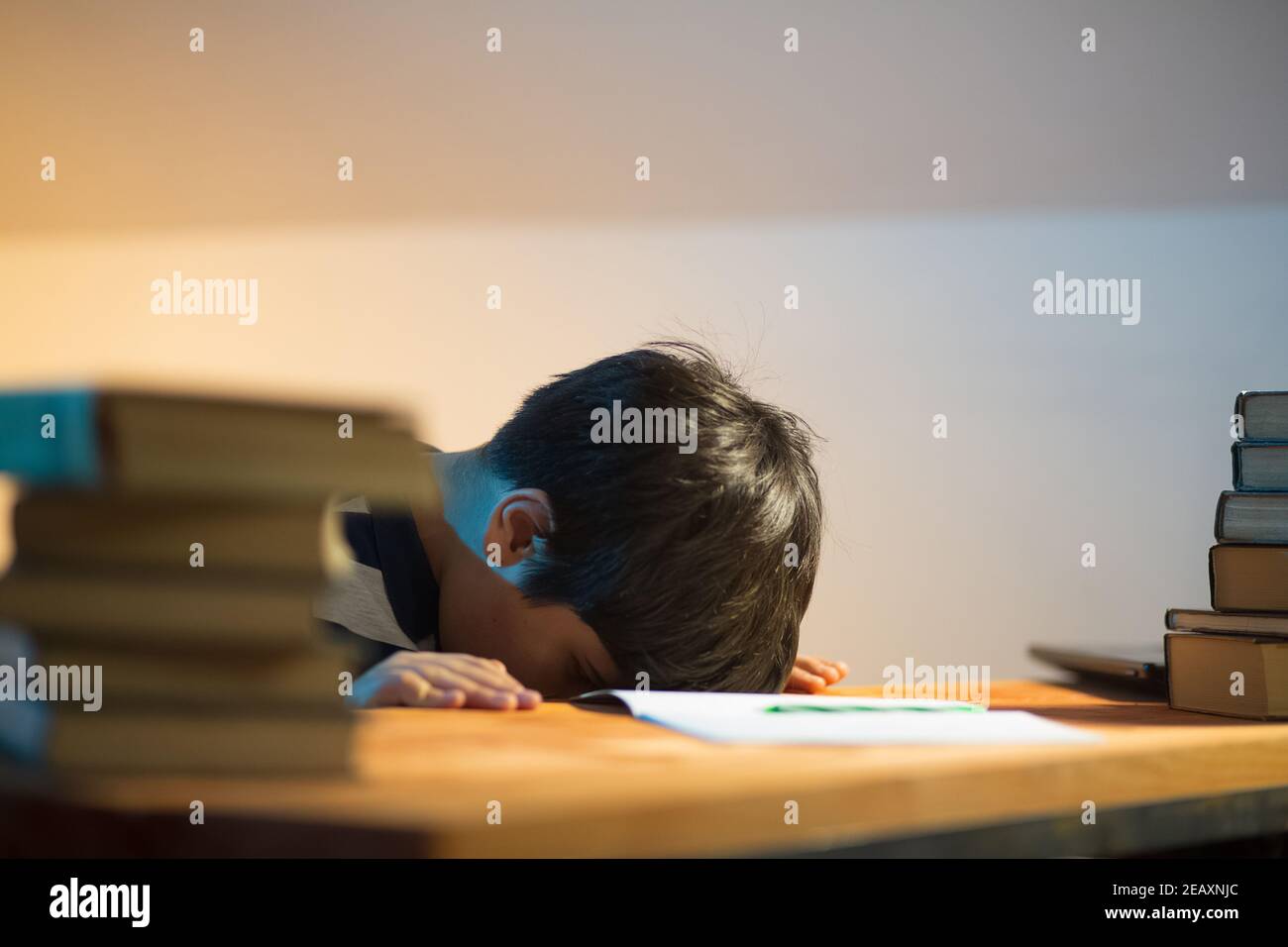 The child during the lessons from fatigue rested his forehead on the ...