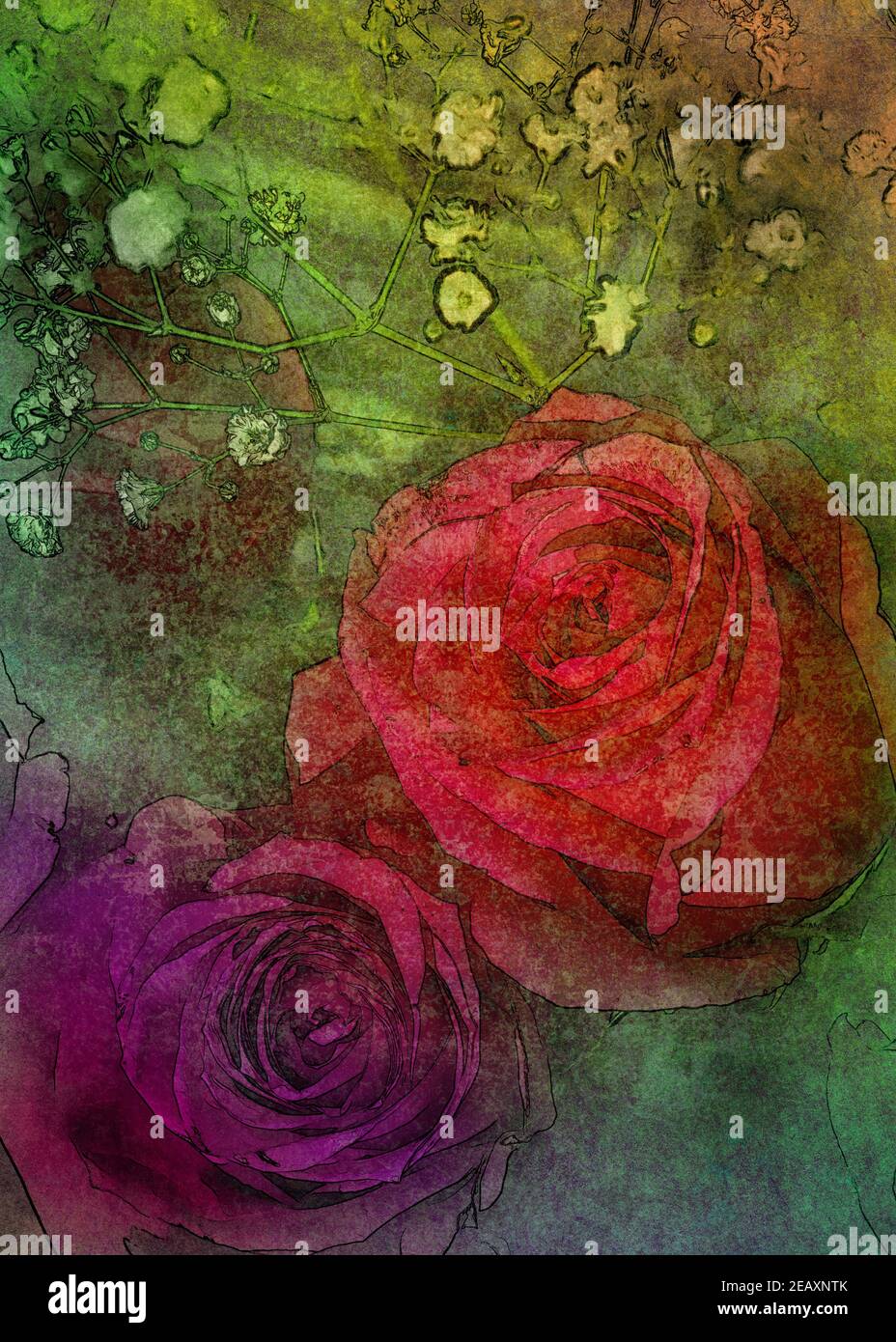 Decorative bouquet of bright red roses, retro paper textured ...