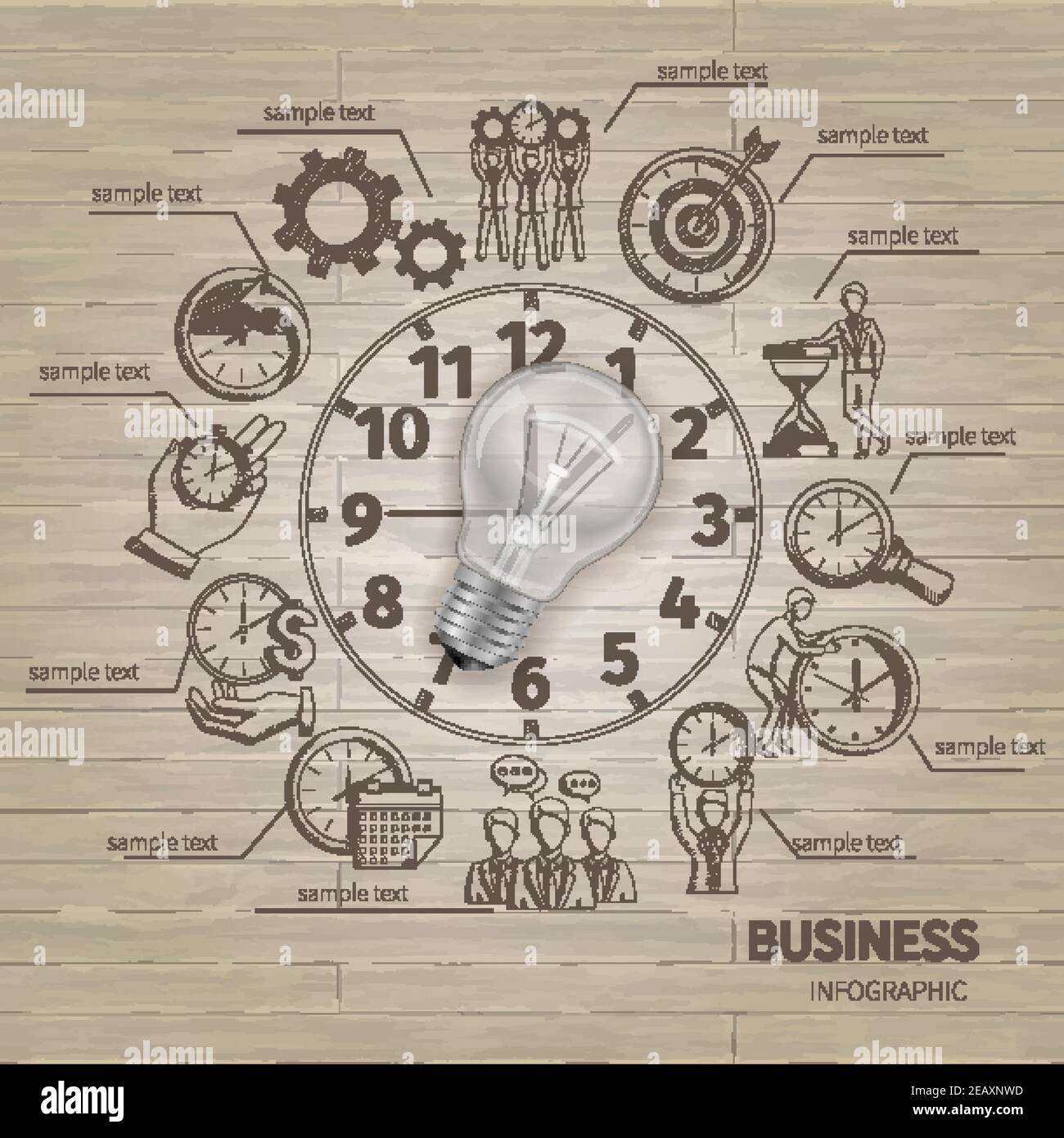 Time management infographics with sketch symbols in clock shape and ...