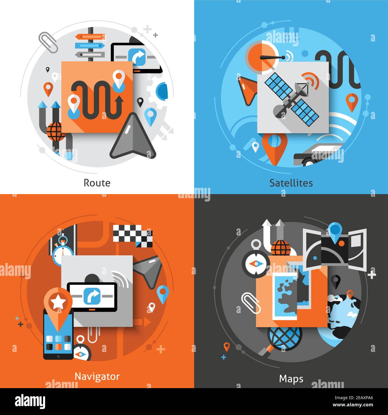 Navigation design concept set with route satellites navigator and maps ...