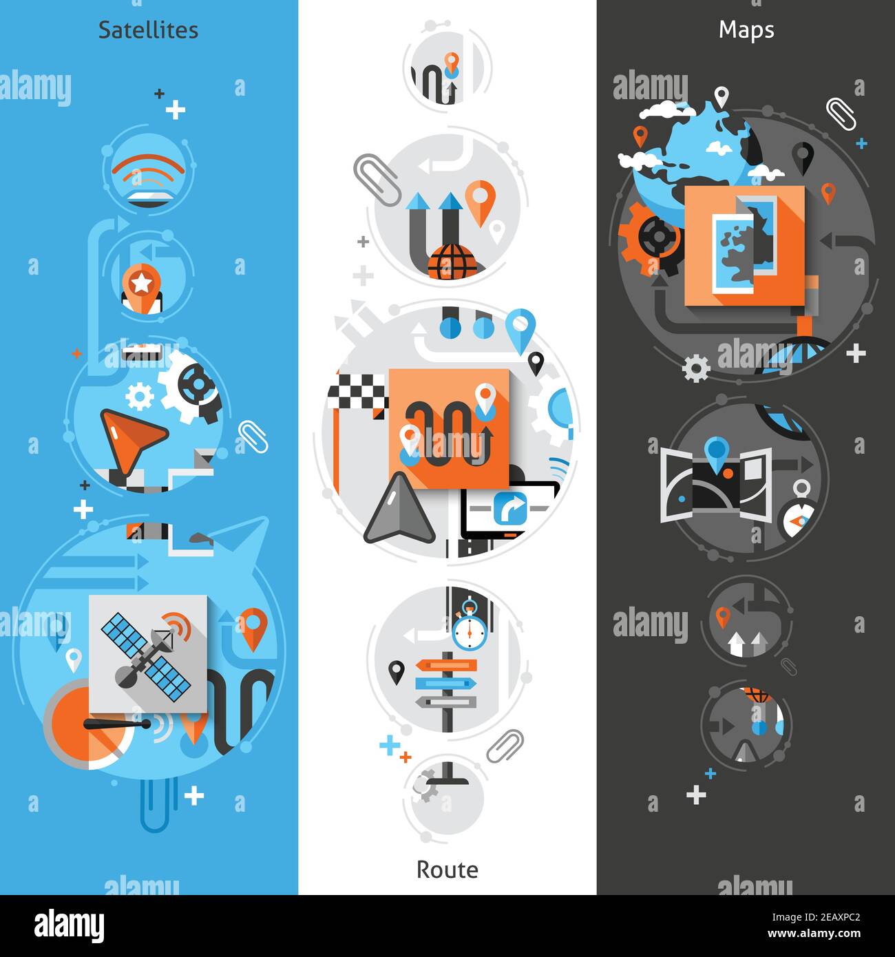 Navigation vertical banner set with satellite route and maps elements ...