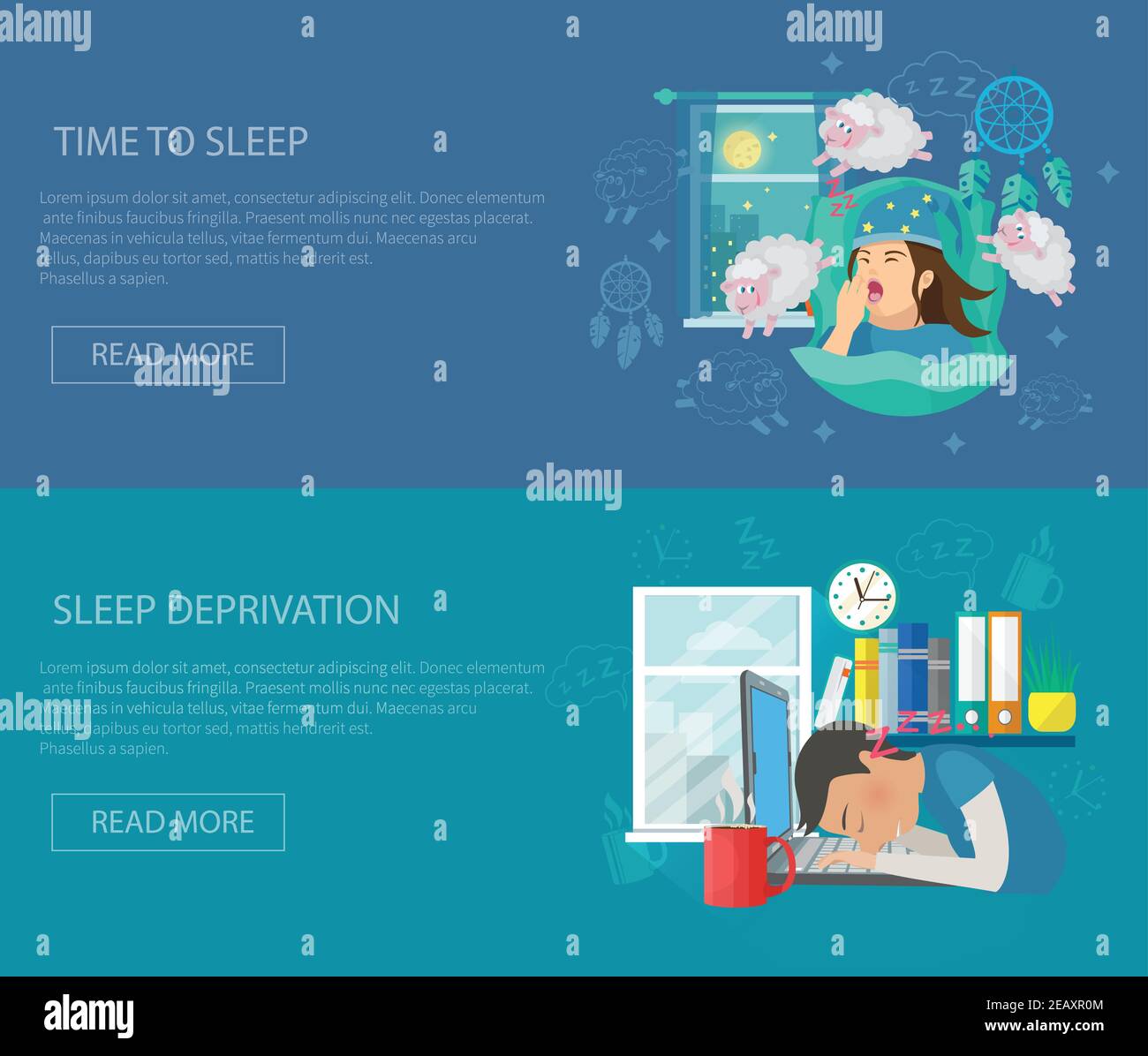 Sleep time horizontal banner set with deprivation disorder flat ...