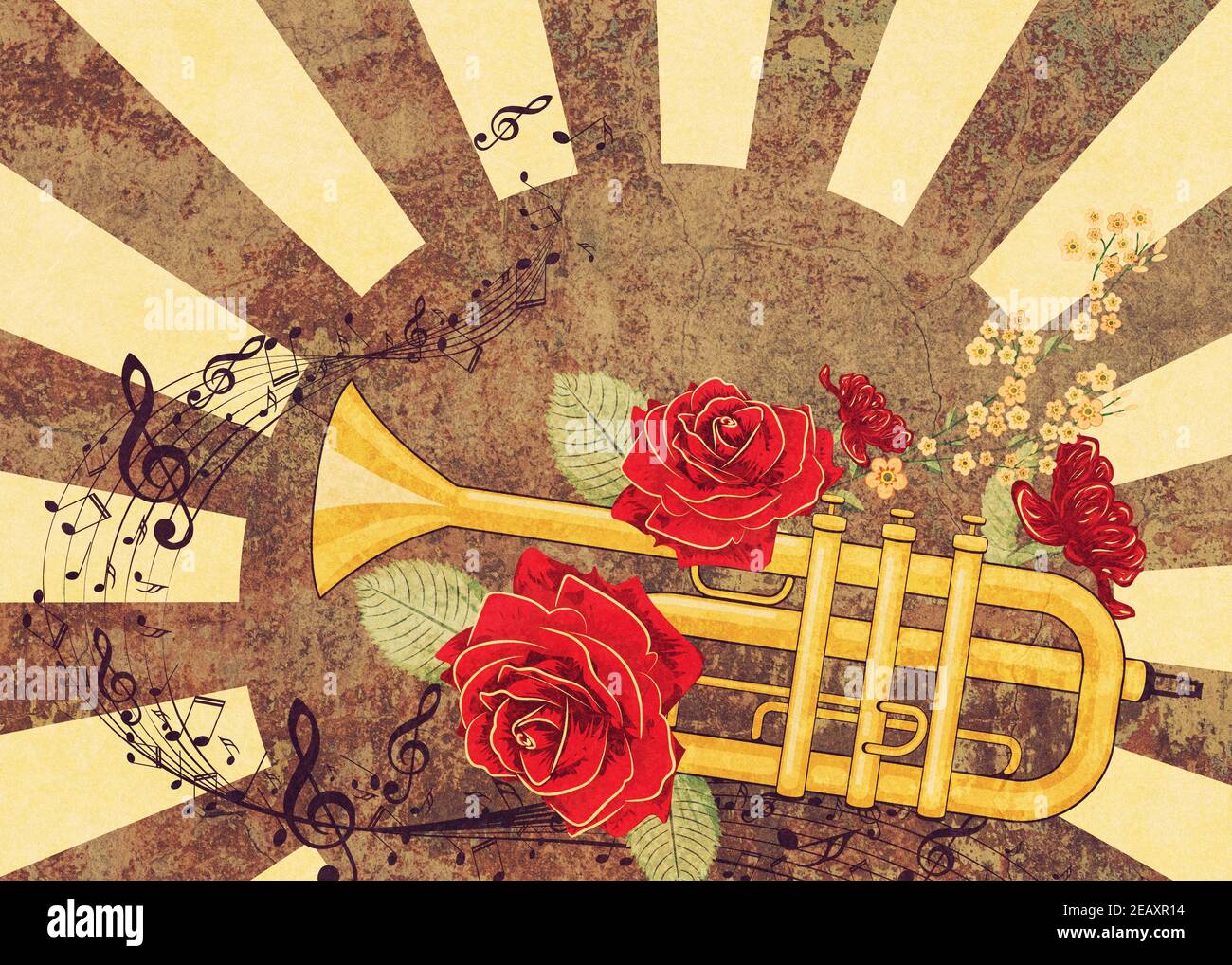 Yellow trumpet with red roses and music notes textured illustration ...
