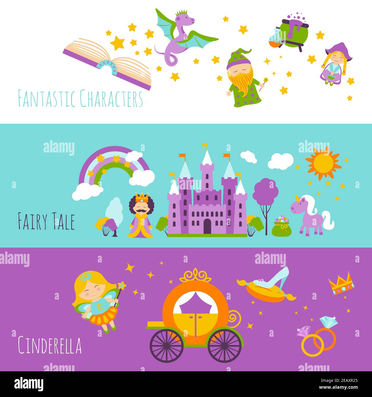 Fairy tale horizontal banner set with fantastic characters isolated ...
