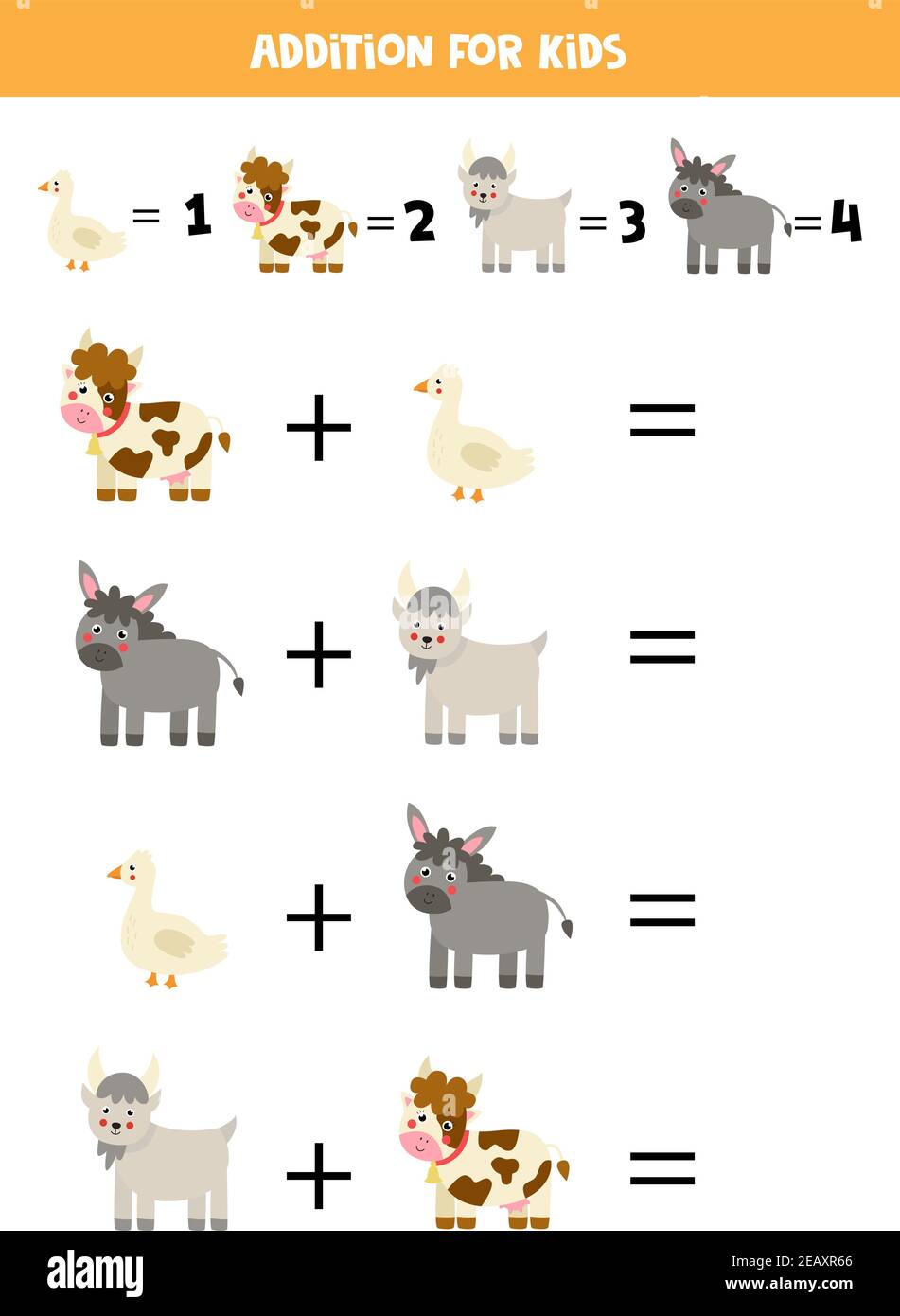 Addition game with cute cartoon farm animals. Math game for kids Stock ...