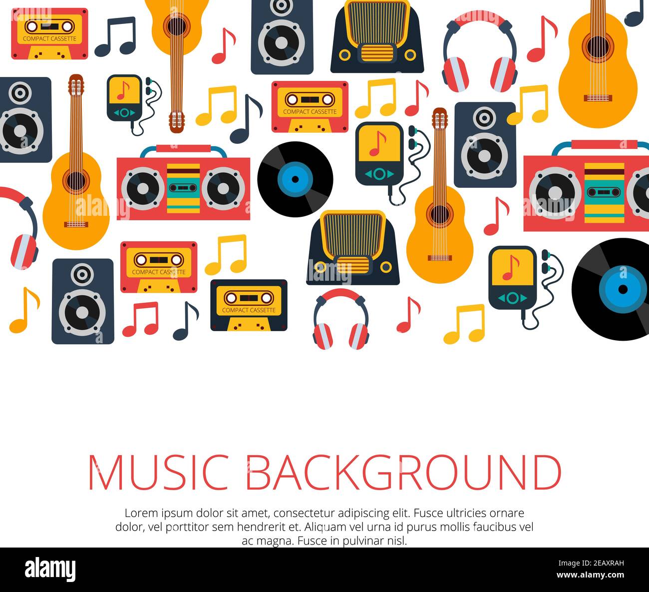 Old retro music vinyl records cd cassette players and notes symbols ...
