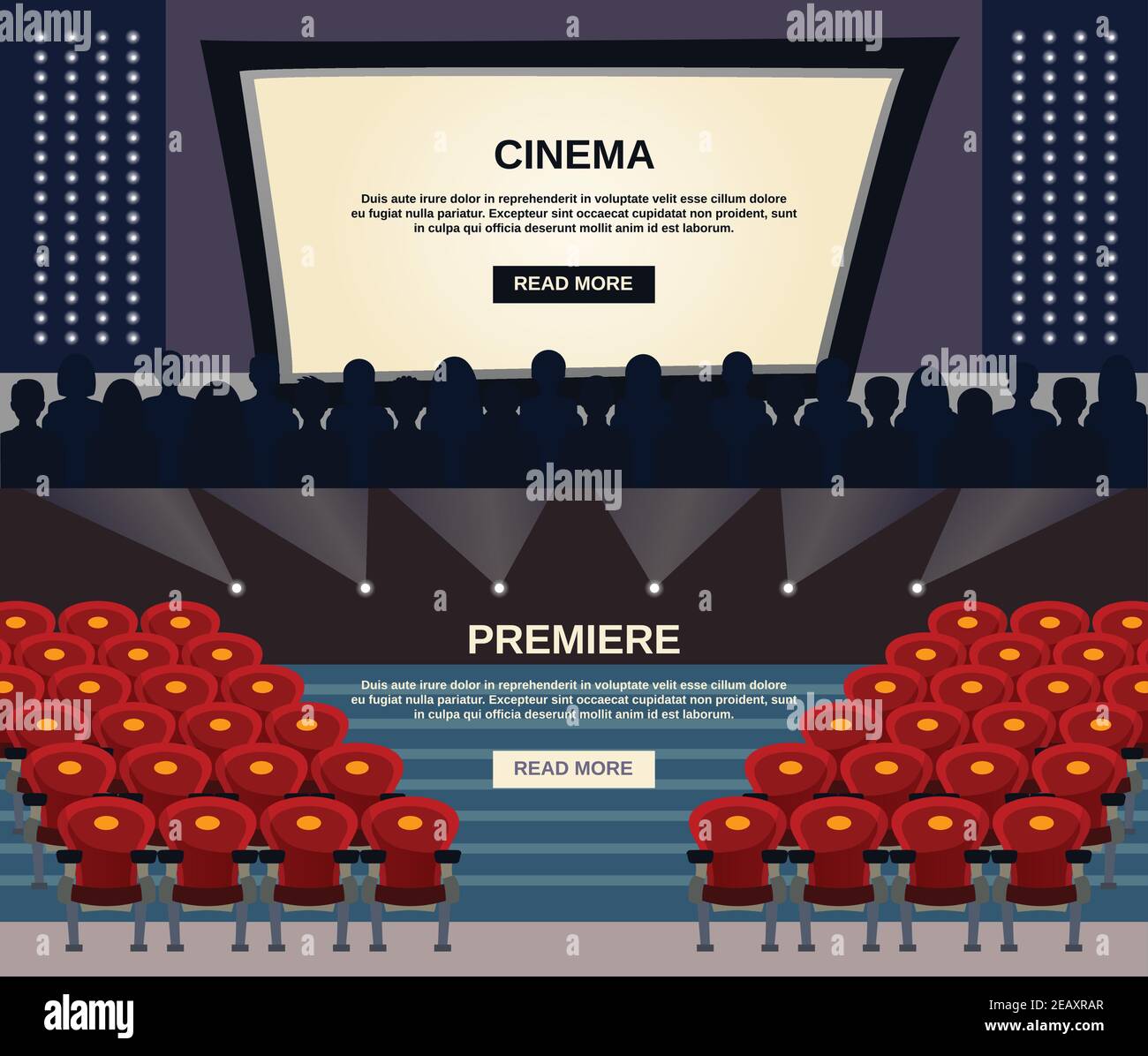 Cinema horizontal banner set with viewers in auditorium and screen flat ...