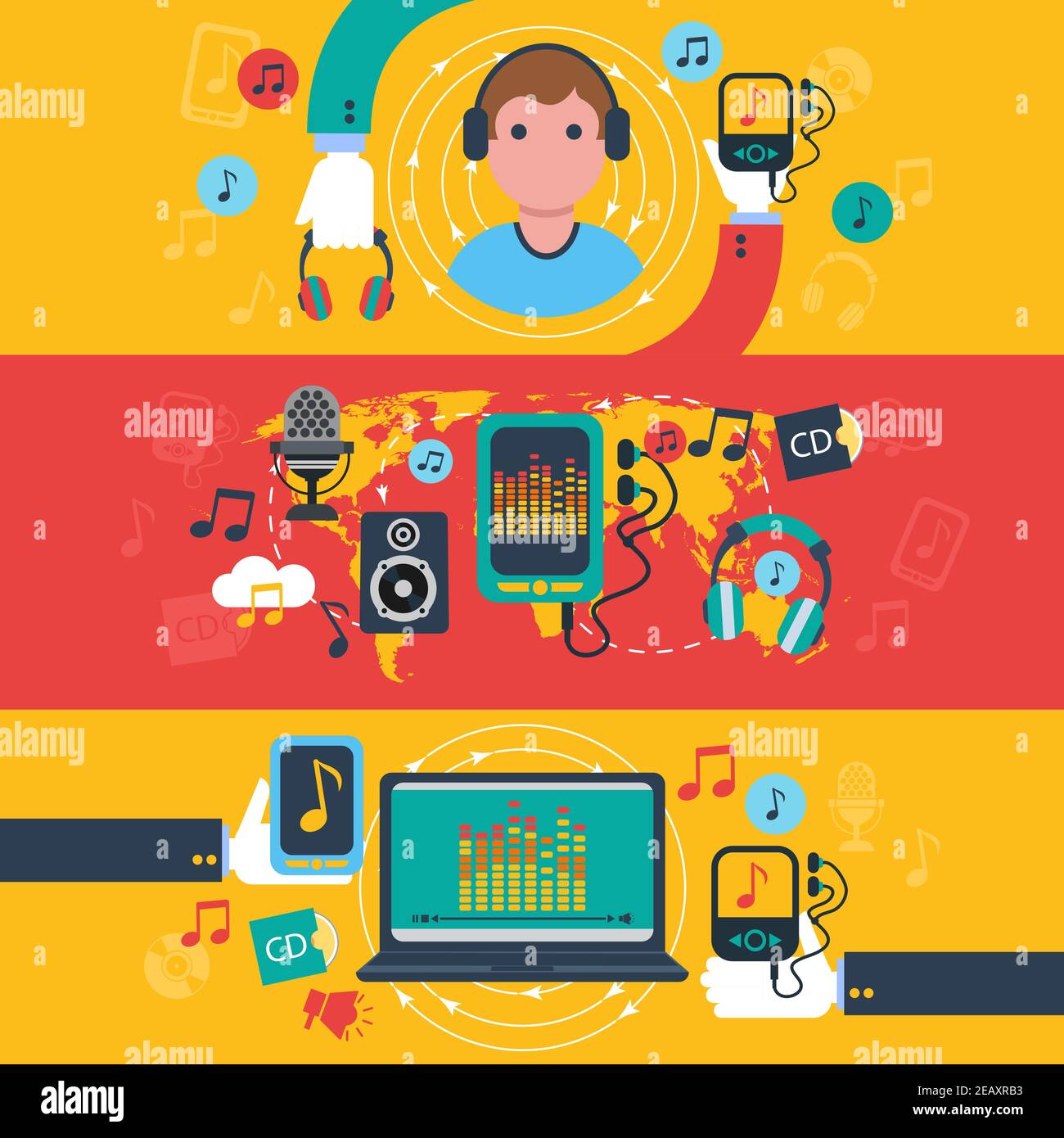 Vintage nostalgic music apps symbols flat horizontal banners set with ...