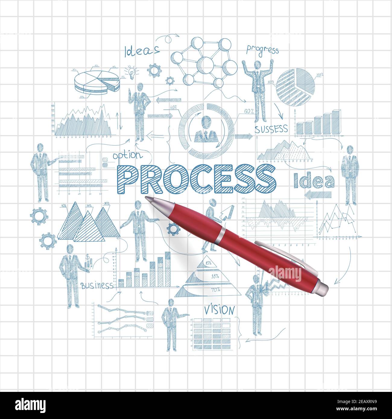 Business process concept with sketch people on squared paper background ...