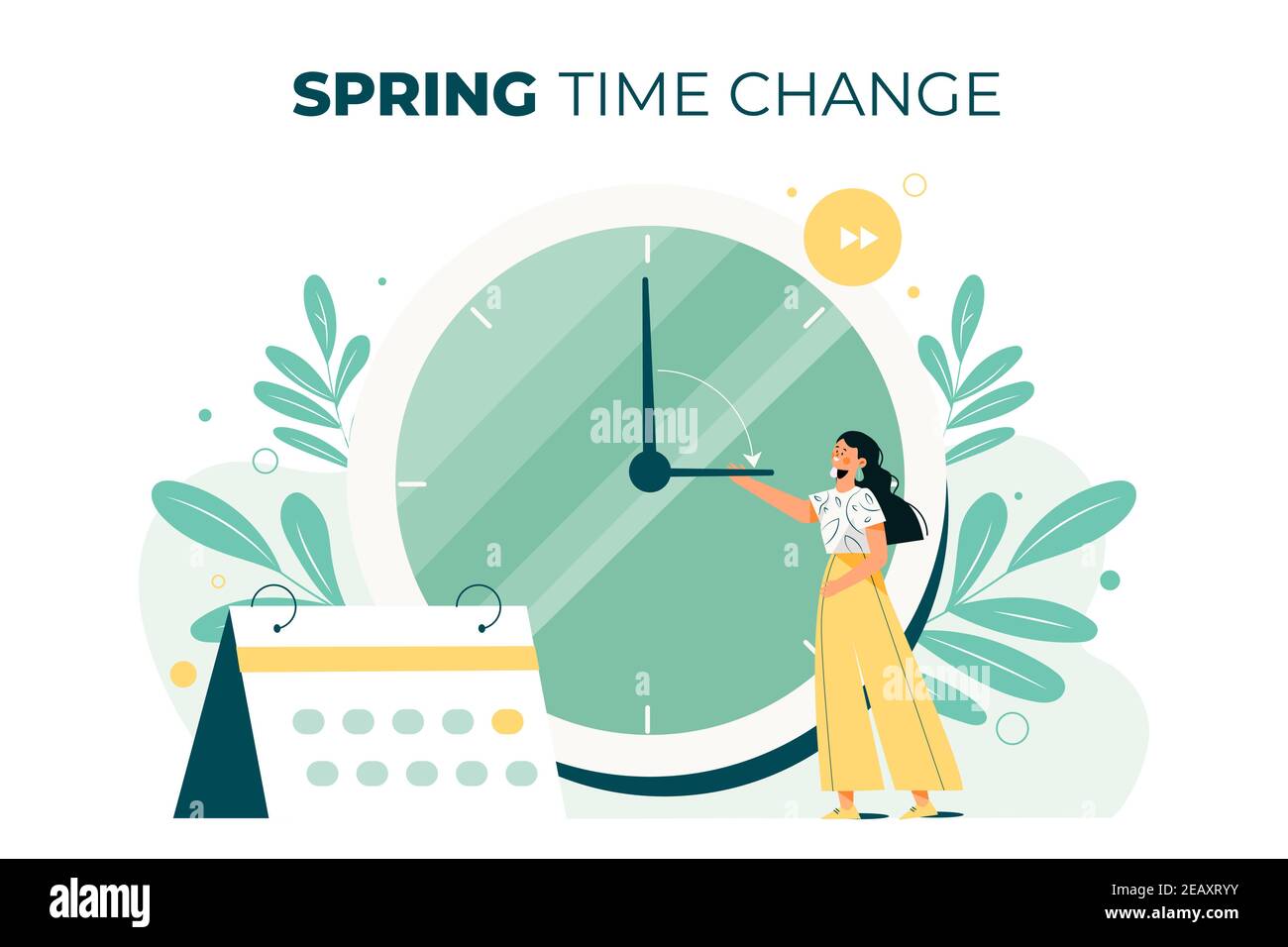 Hand-drawn spring time change illustration with woman and clock Vector ...