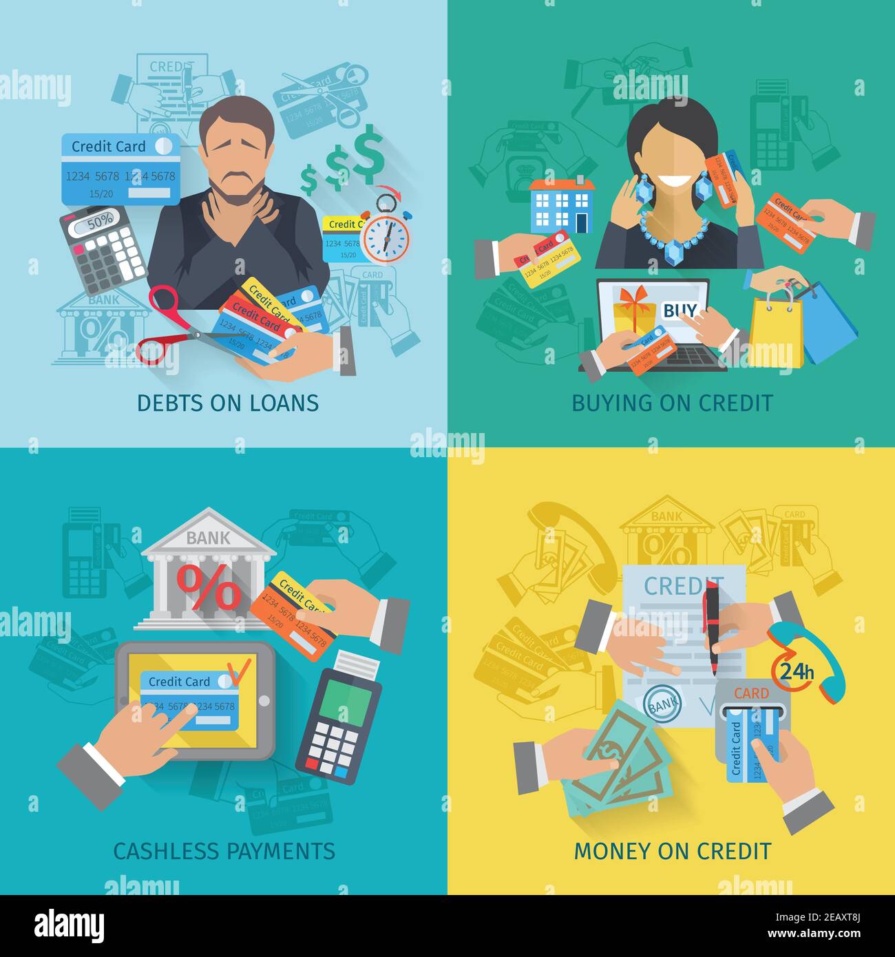 Credit life design concept set with debts on loans cashless payments ...