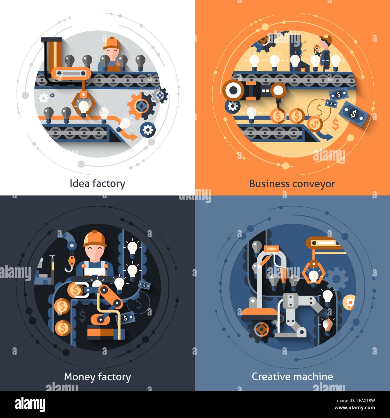 Business conveyor design concept set with idea money factory creative ...