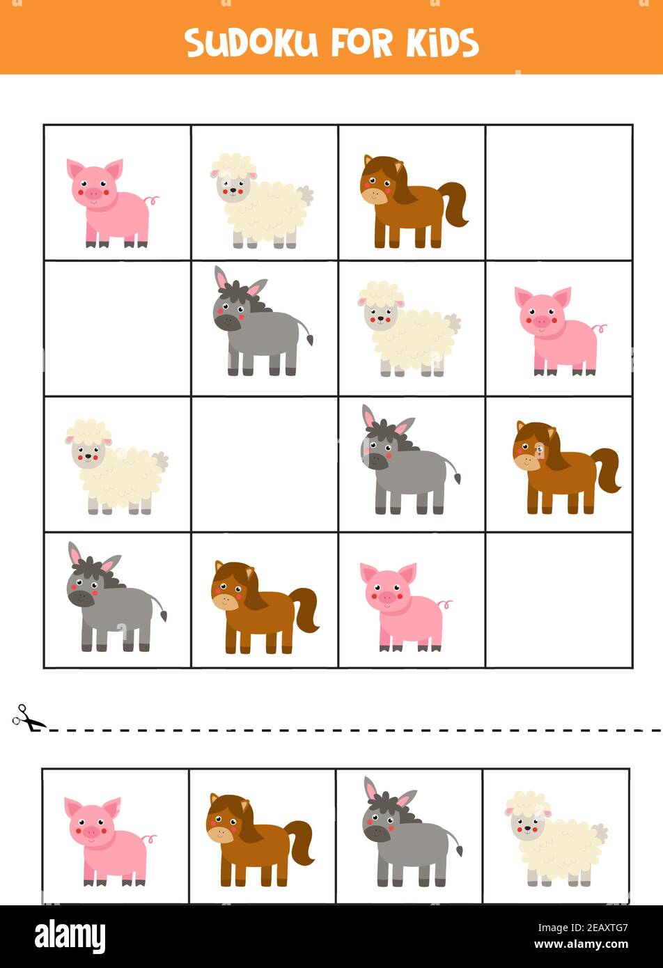 Sudoku for preschool kids. Logical game with cute farm animals Stock ...