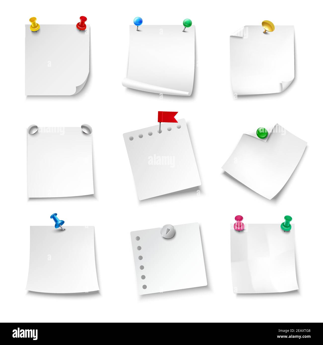 Blank note papers pinned with pushpins realistic set isolated vector illustration Stock Vector ...