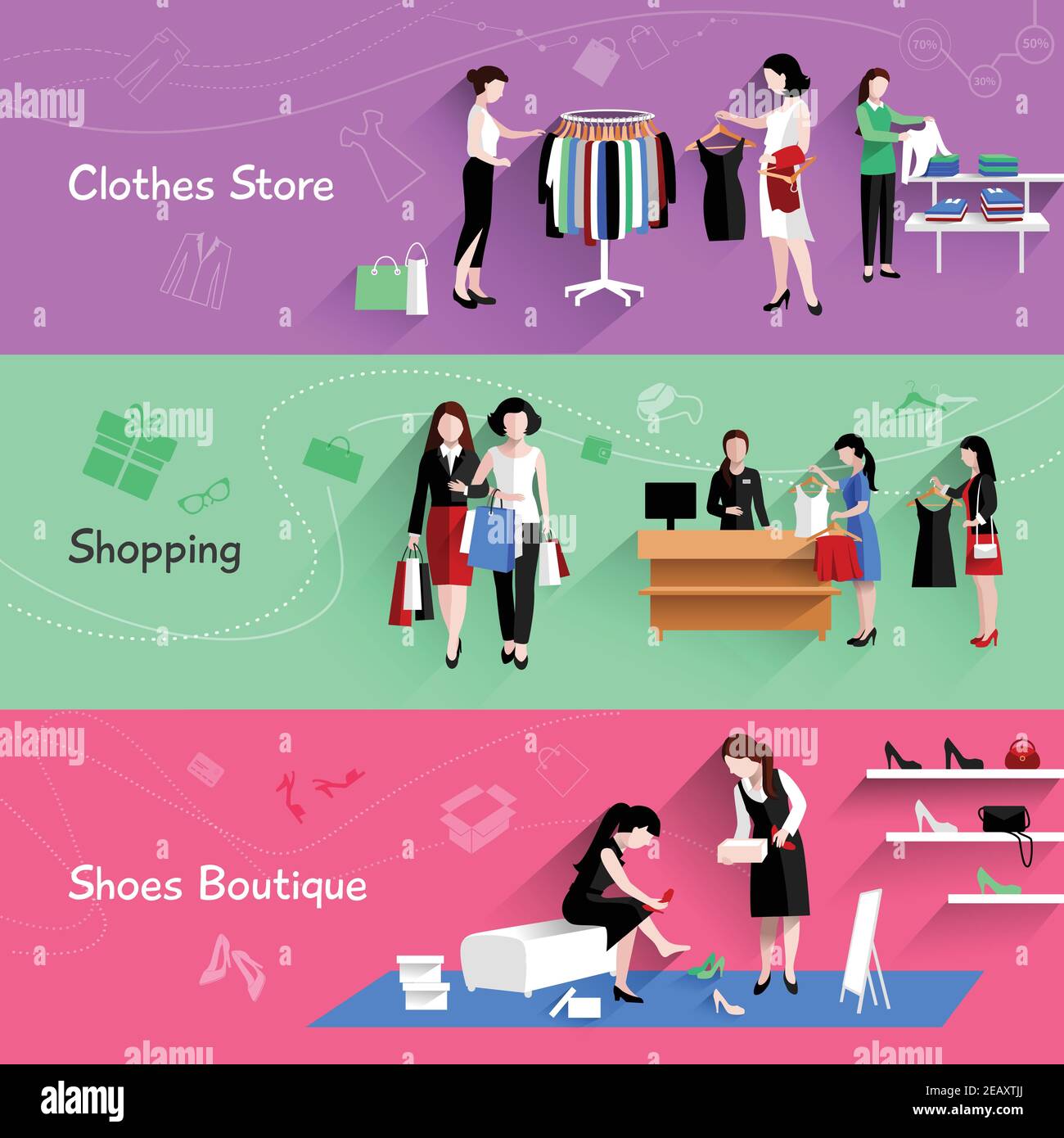 Woman shopping horizontal banner set with clothes and shoes store ...
