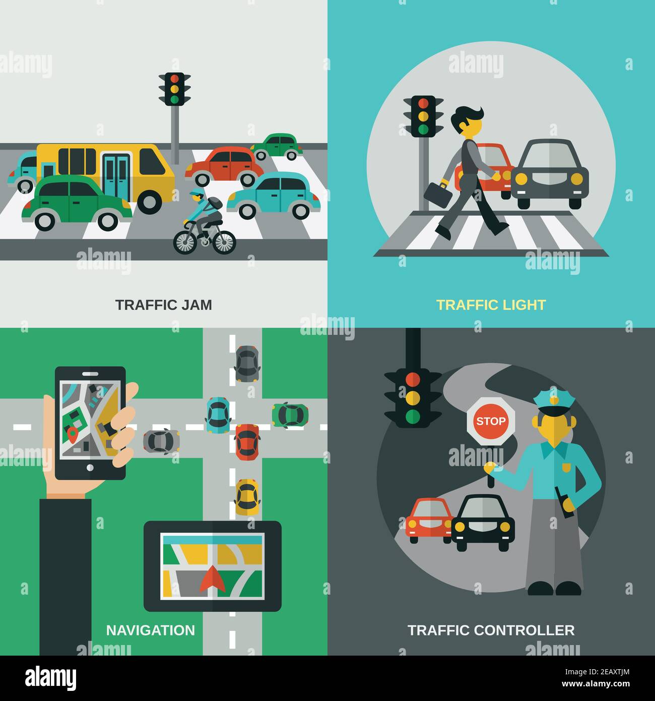 Traffic design concept set with navigation light controller flat icons ...