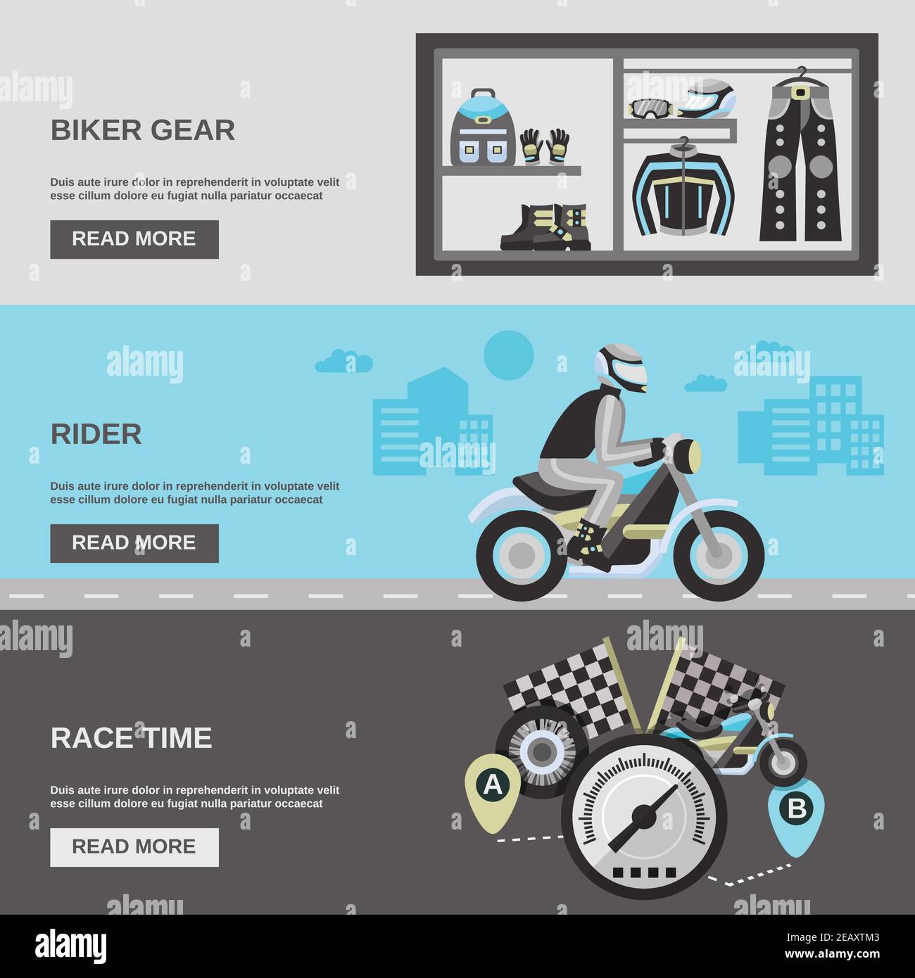 Rider horizontal banner set with biker gear race time flat elements ...