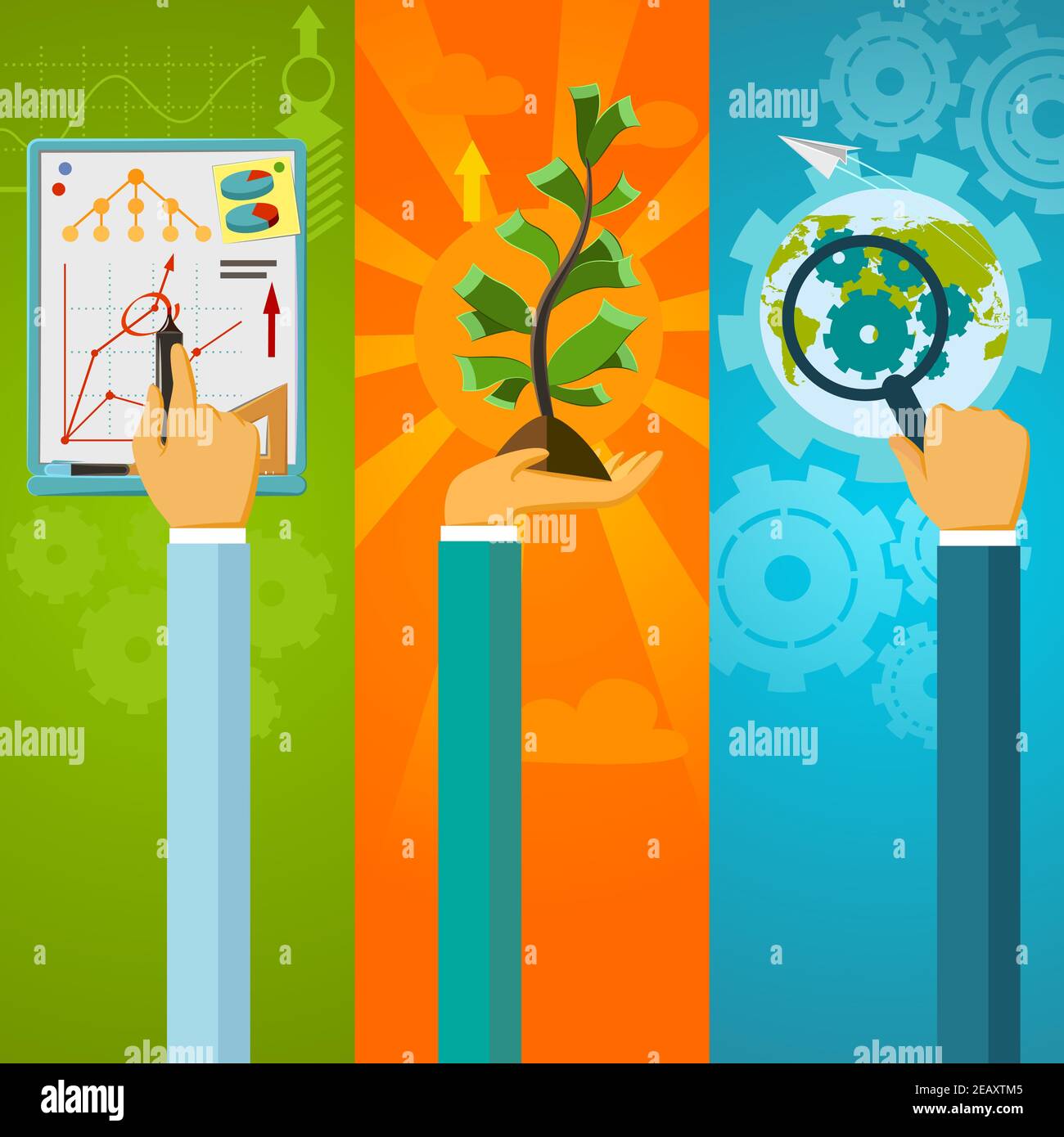 Startup banners vertical set with human hand and business elements ...