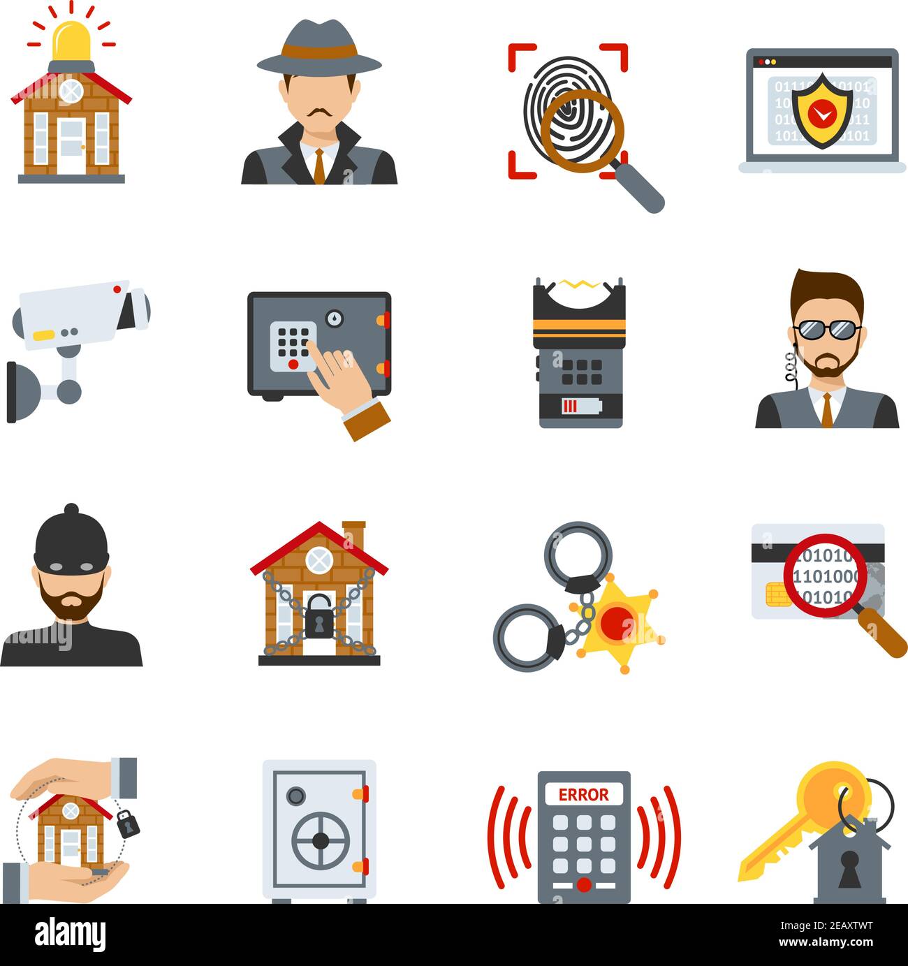 Surveillance and security icons set with thief detective and protection ...