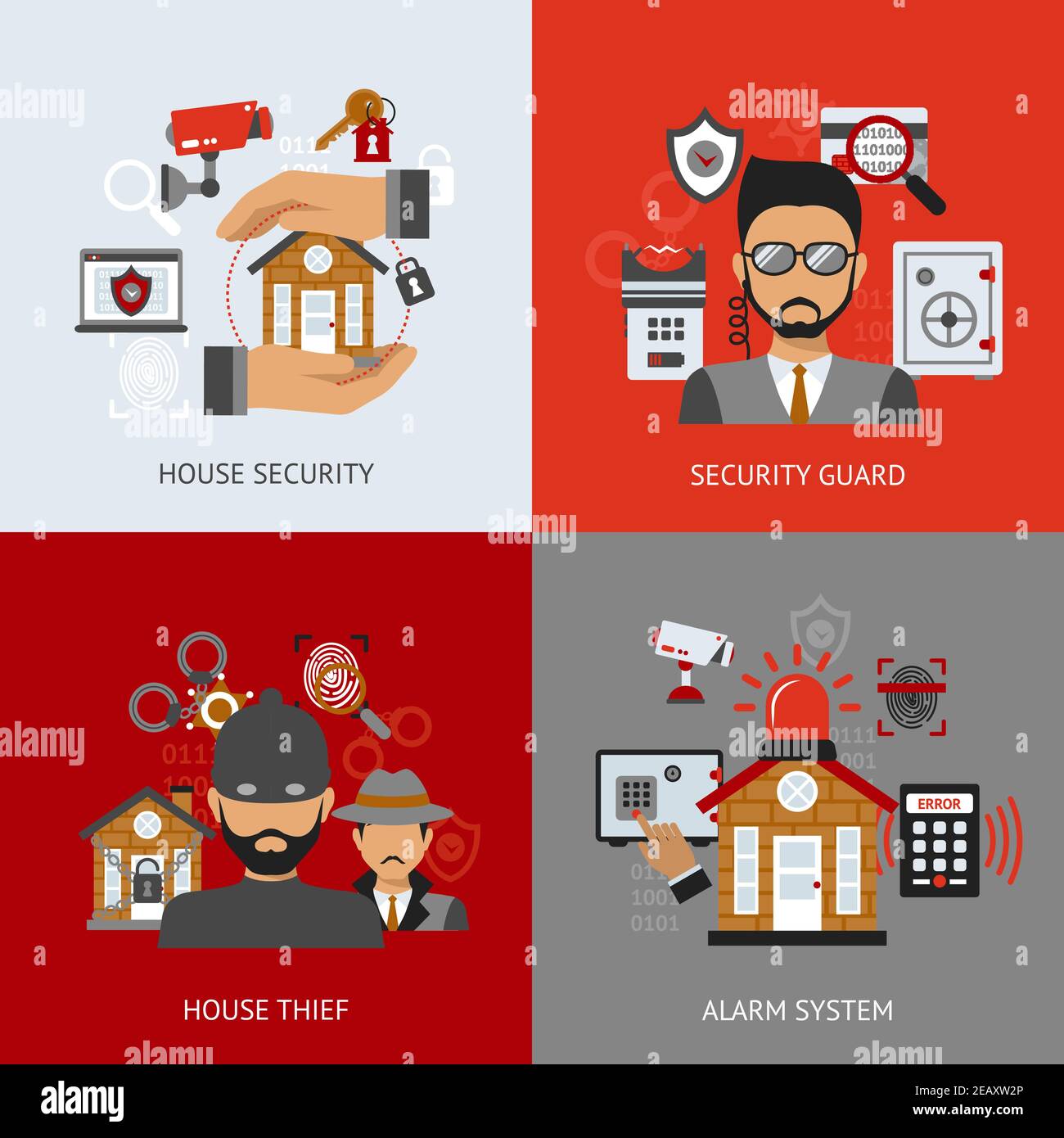 Security design concept set with house thief guard and alarm system ...