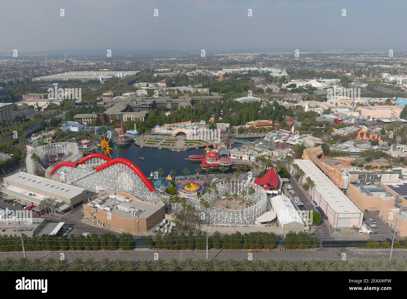 An aerial view of Disney California Adventure and Disneyland Park ...