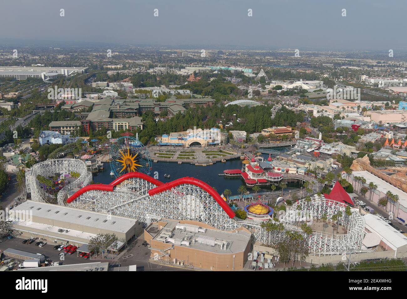 An aerial view of Disney California Adventure and Disneyland Park ...