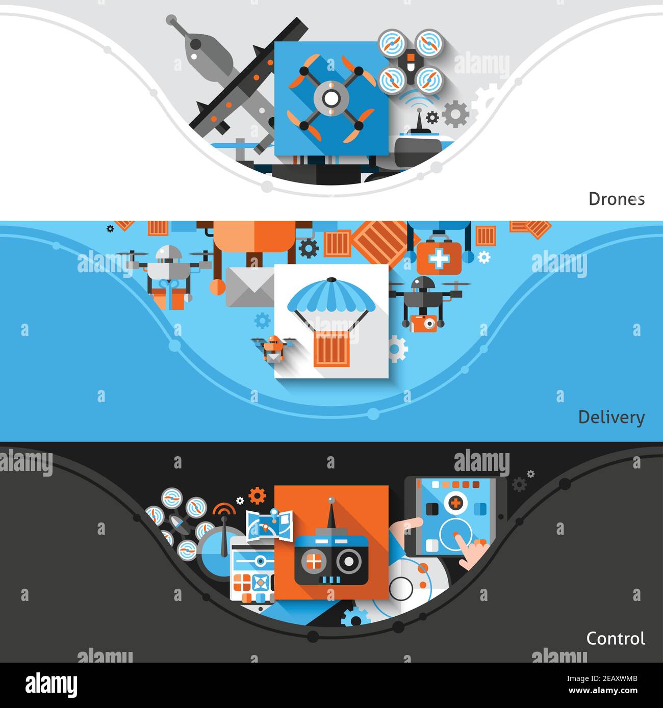 Drone horizontal banners set with delivery and control elements ...