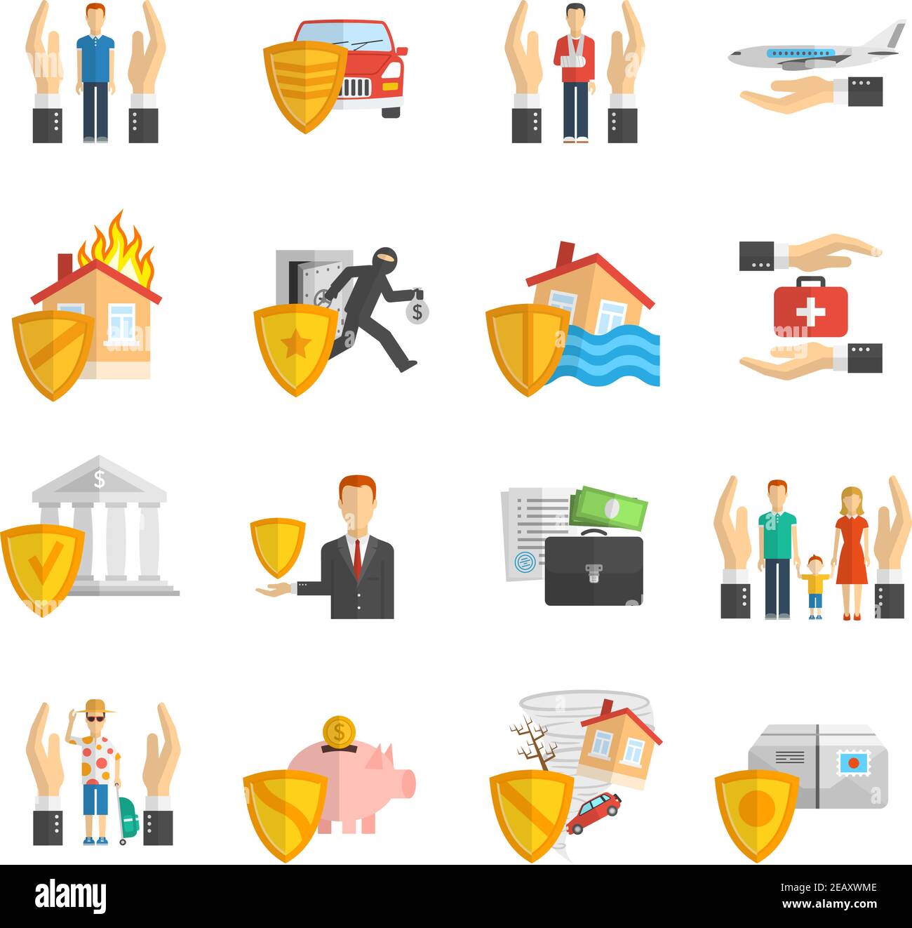 Insurance hand and shield multicolored flat icon set isolated vector ...