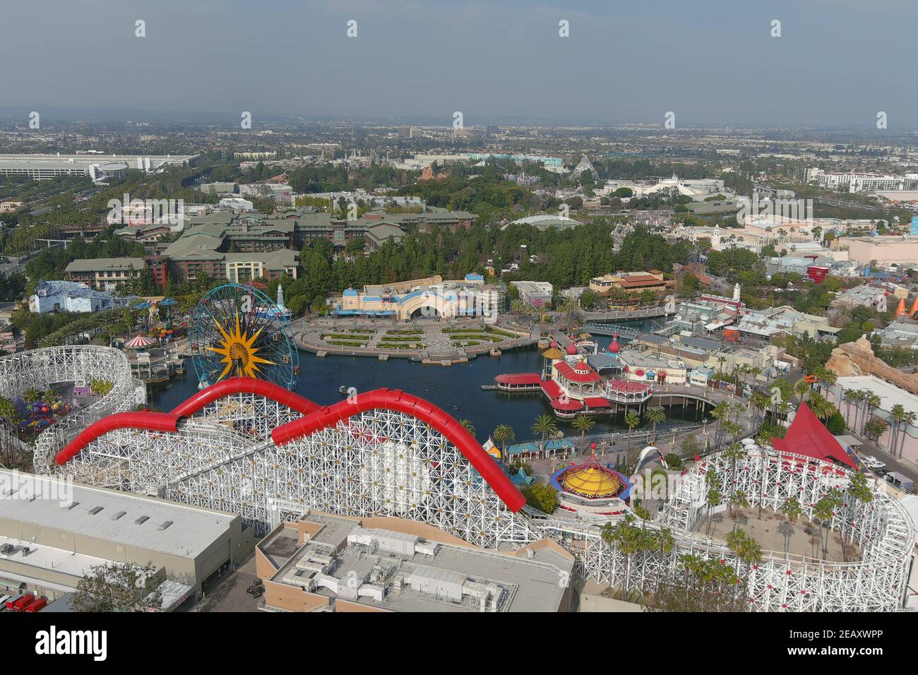 An aerial view of Disney California Adventure and Disneyland Park ...