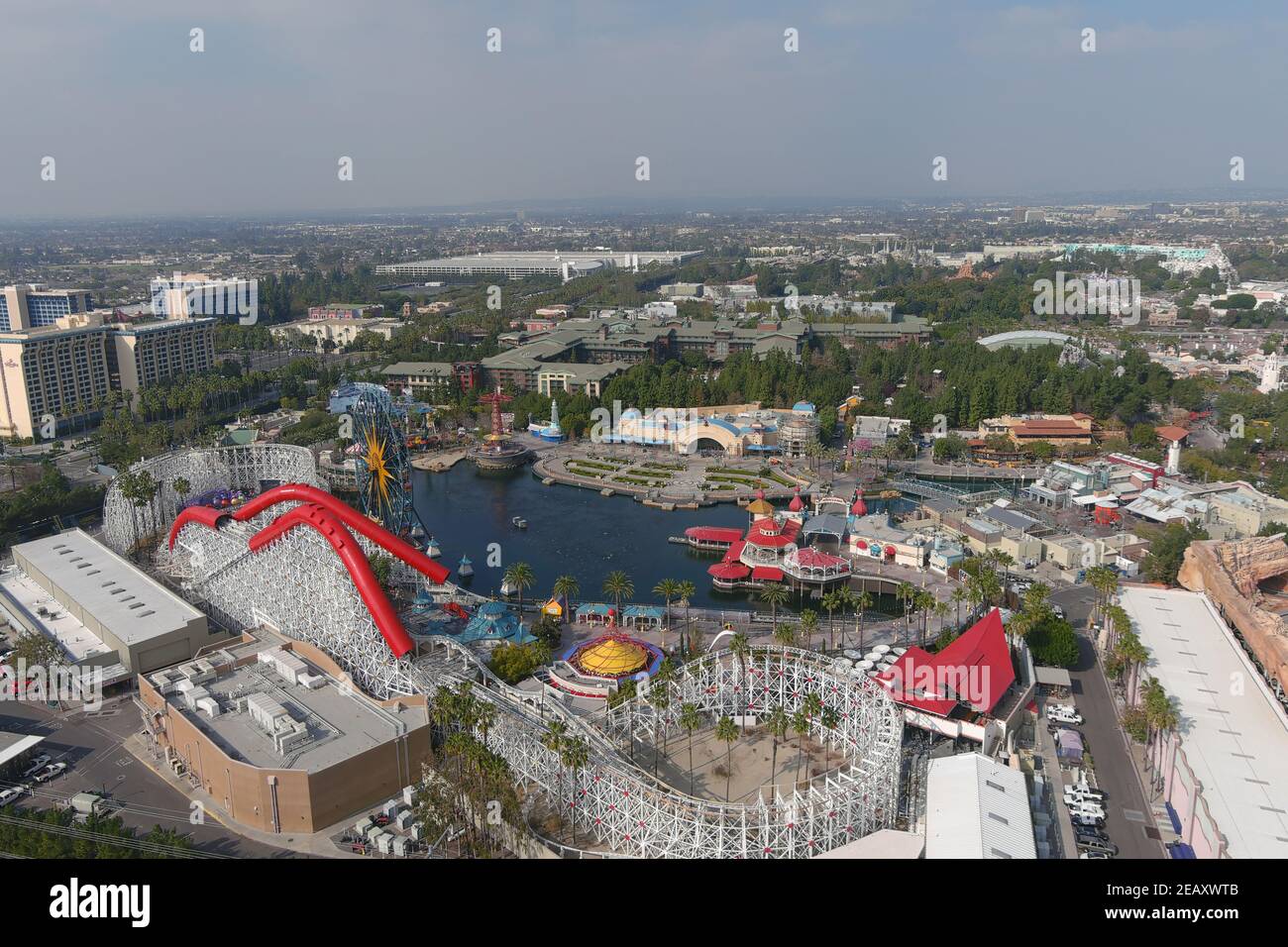 An aerial view of Disney California Adventure and Disneyland Park ...