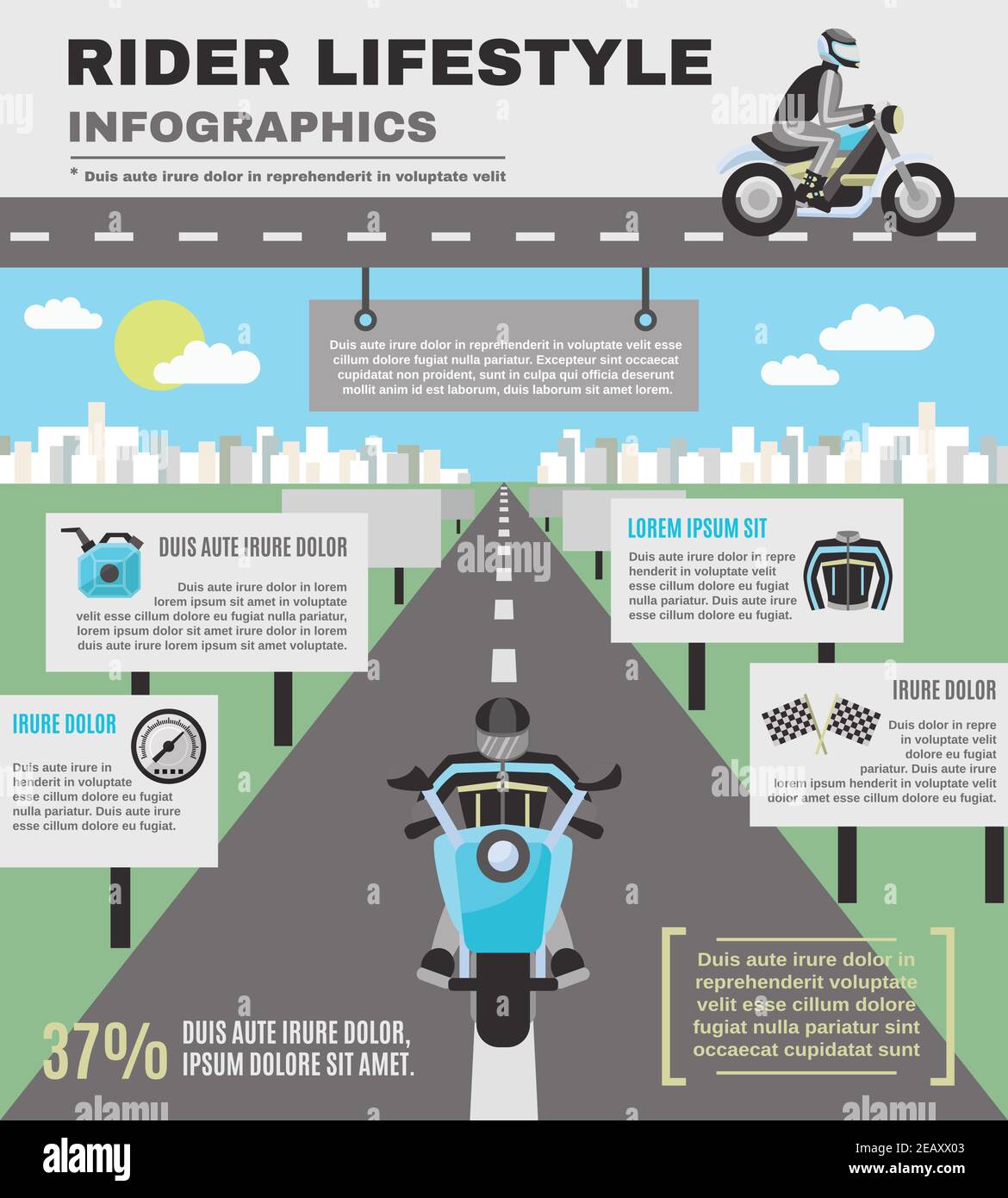 Rider infographics set with biker on motorcycle on the road isolated ...