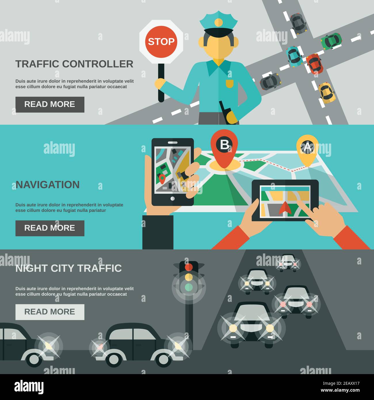 Traffic horizontal banner set with navigation and night city flat ...