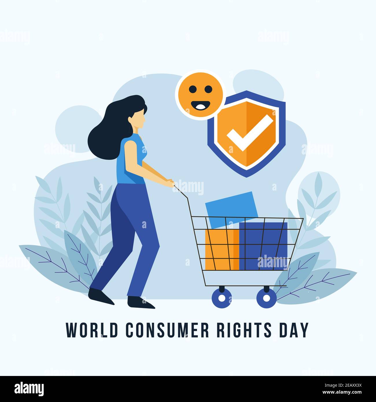 World consumer rights day illustration with woman and shopping cart ...