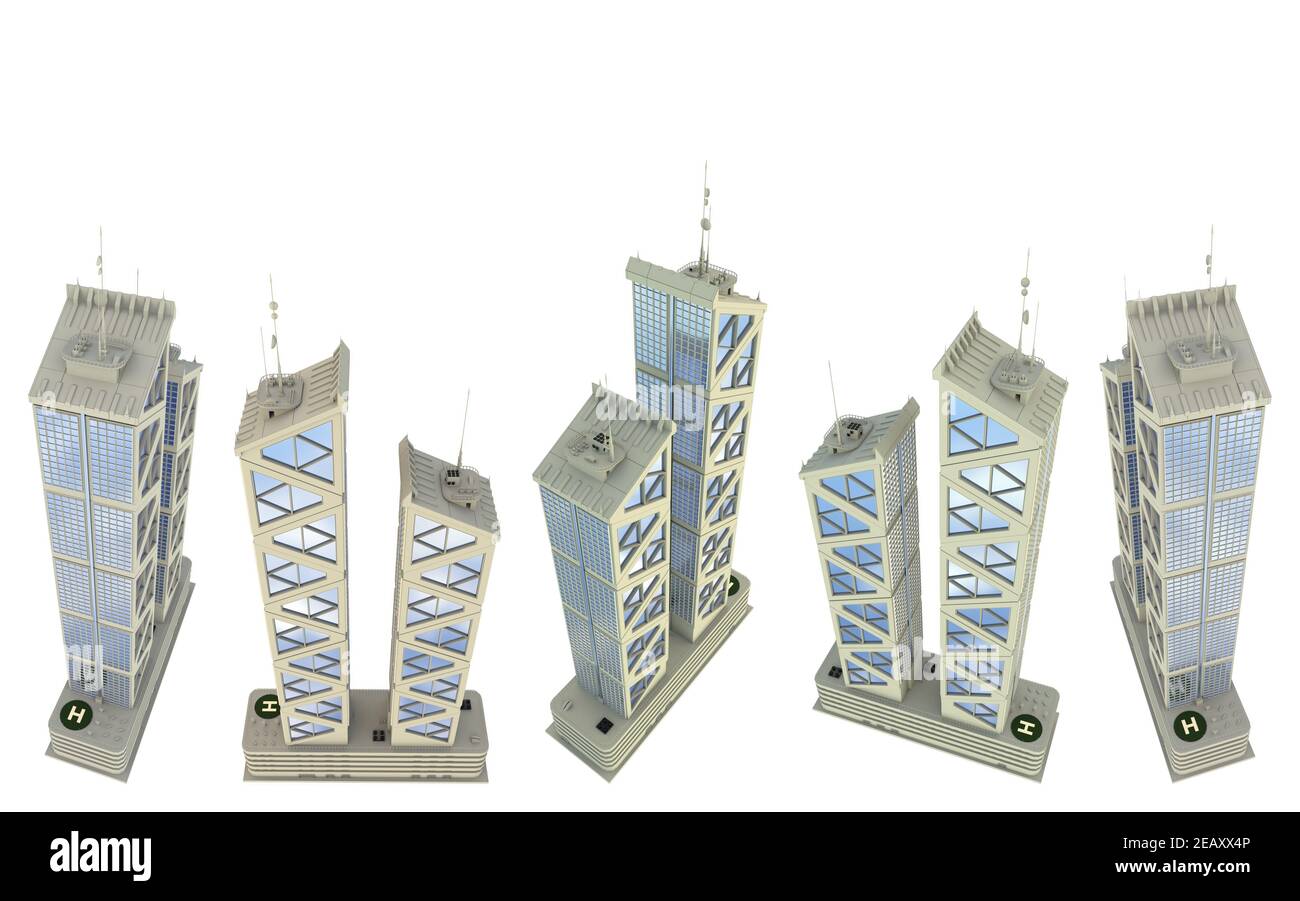 5 birds eye view renders of fictional design commercial tall buildings ...