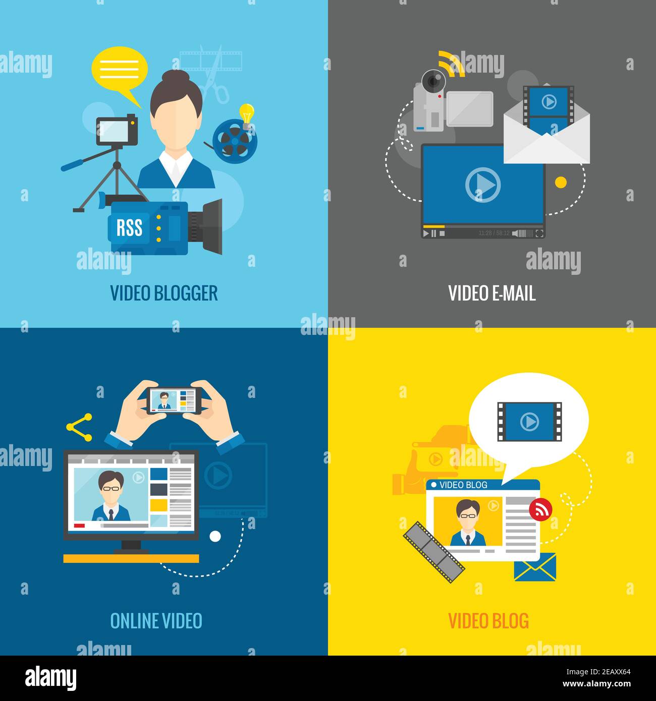 Online video blog design concept set with blogger media flat icons ...