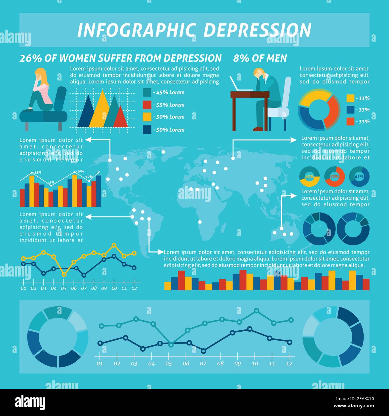 Stress and depression infographics set with sad people characters and charts vector illustration ...