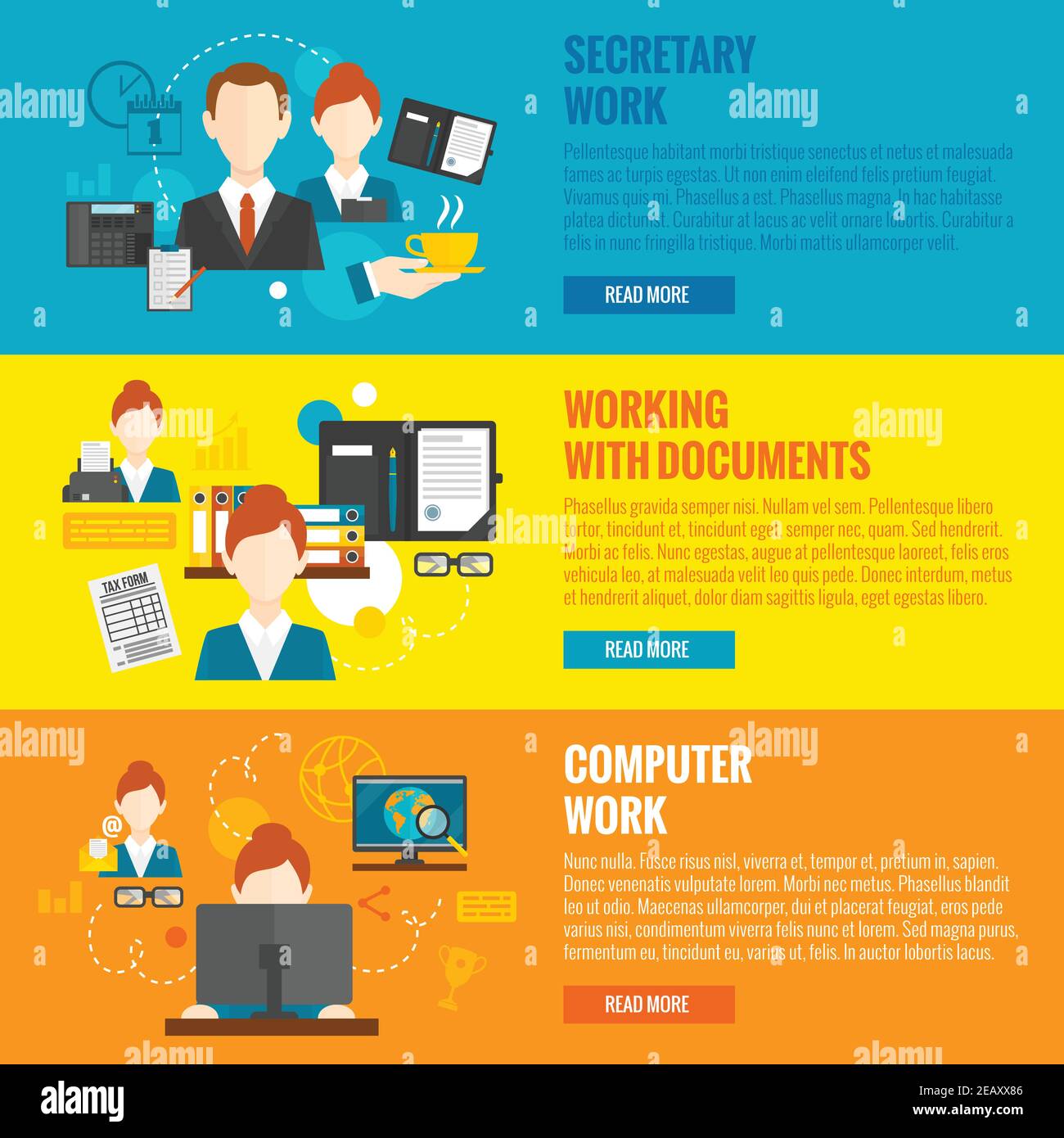 Personal assistant horizontal banner set with secretary work elements ...