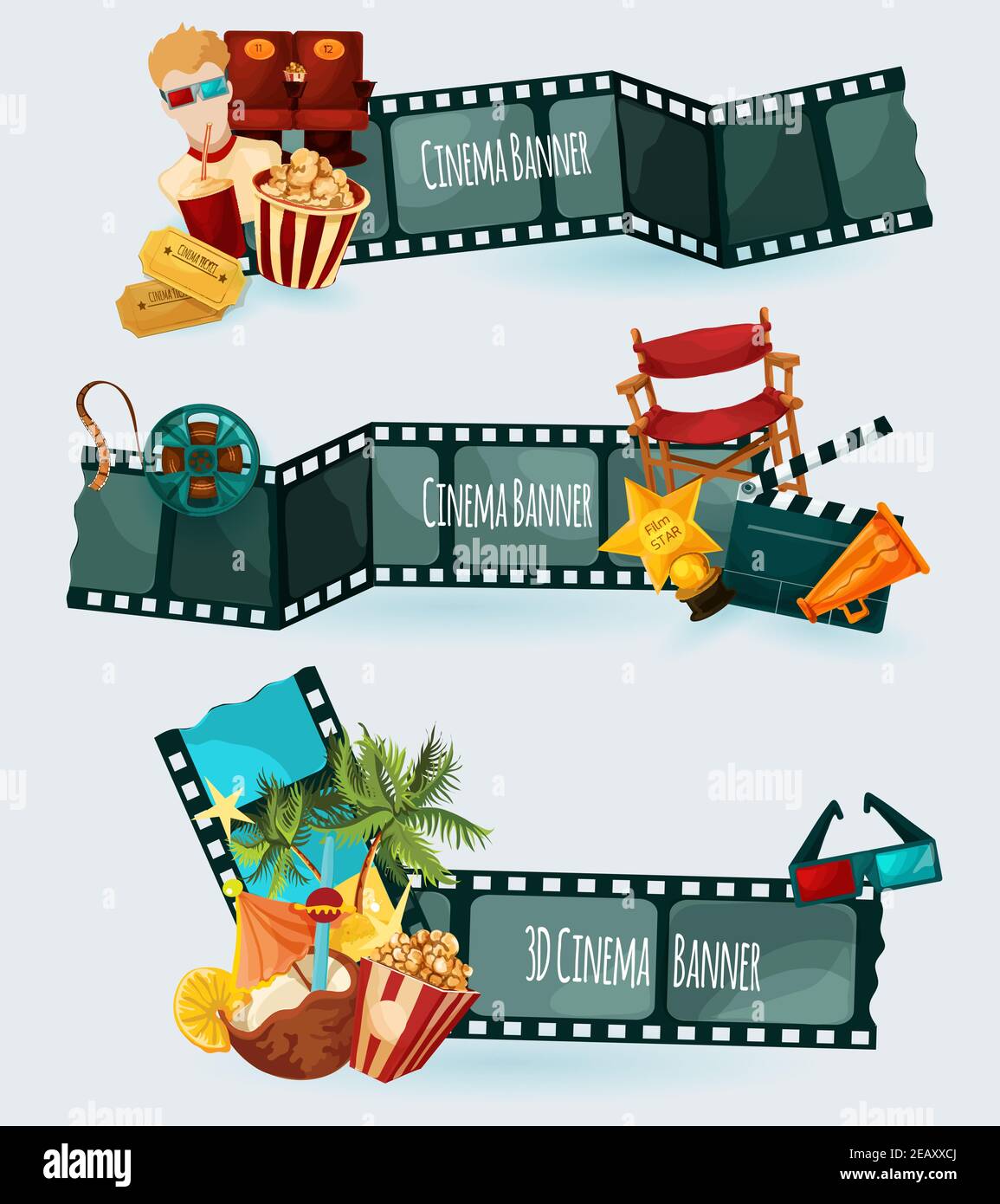 Cinema banners set with cartoon film elements isolated vector ...