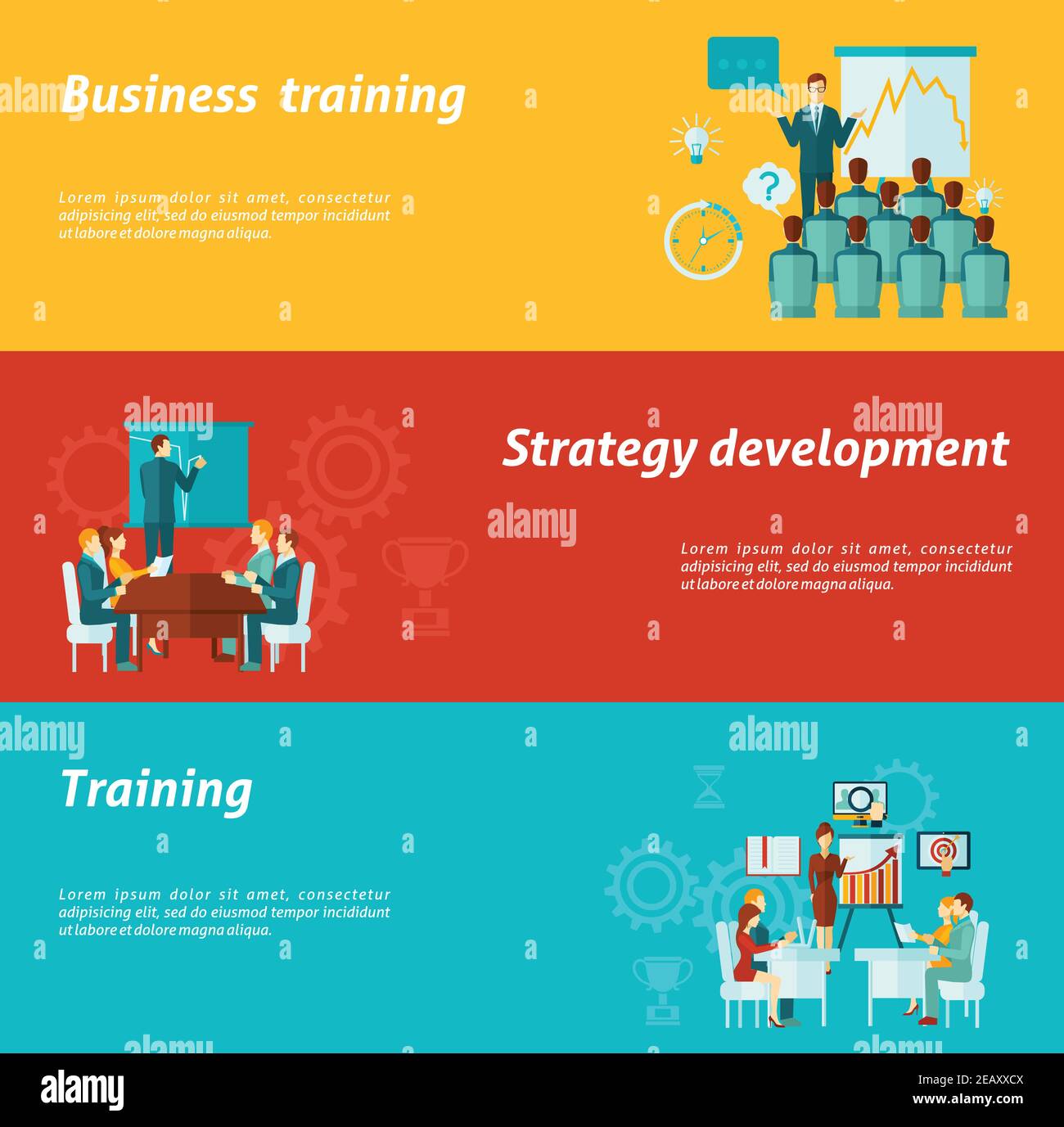 Business training horizontal banners set with strategy development ...