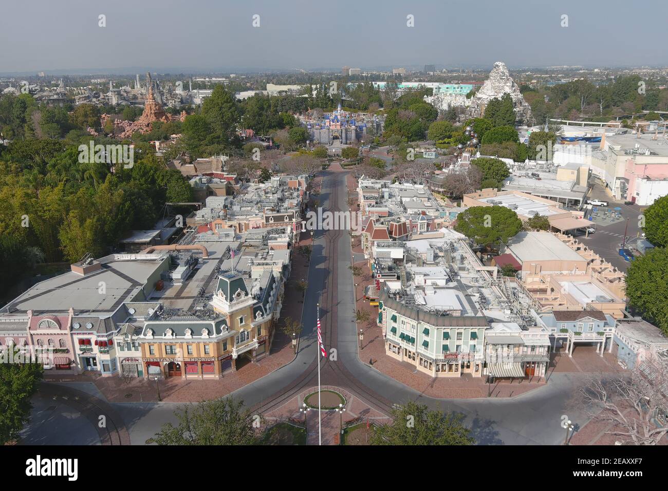 An aerial view of Disneyland Park, Wednesday, Feb. 10, 2021, in Anaheim ...
