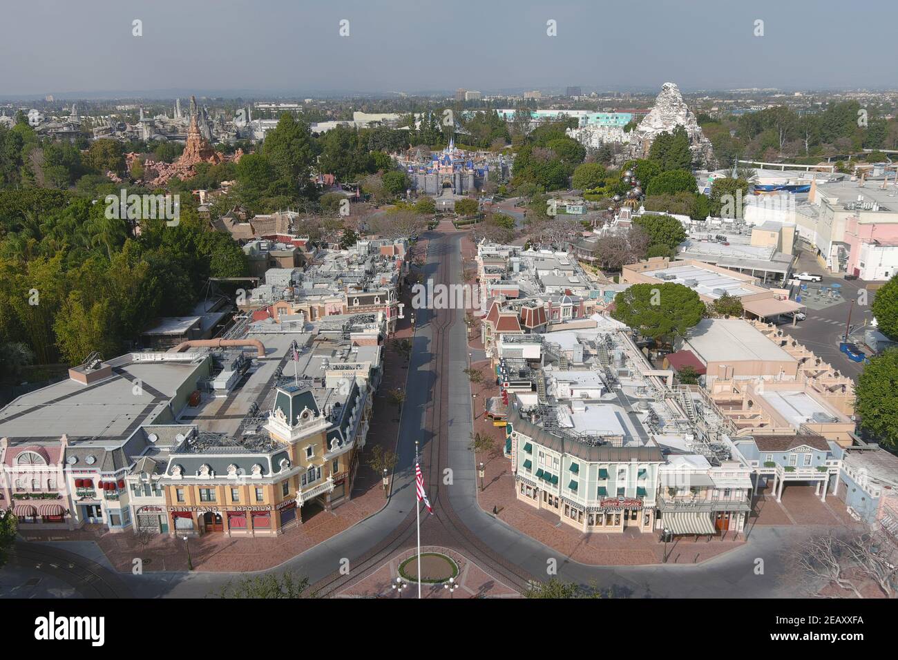 An aerial view of Disneyland Park, Wednesday, Feb. 10, 2021, in Anaheim ...