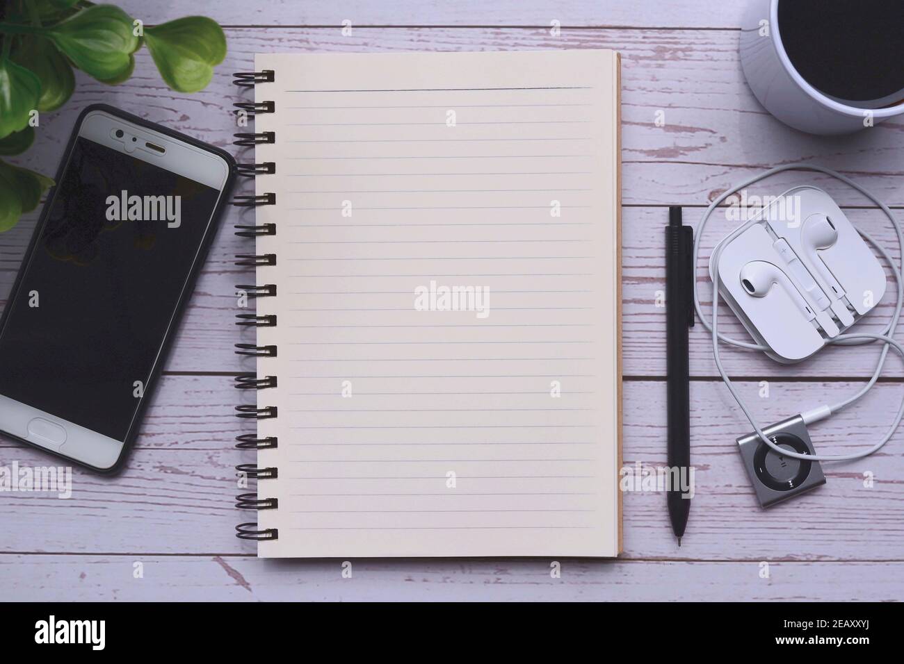 Directly above view of wooden desk with accessories background Stock ...