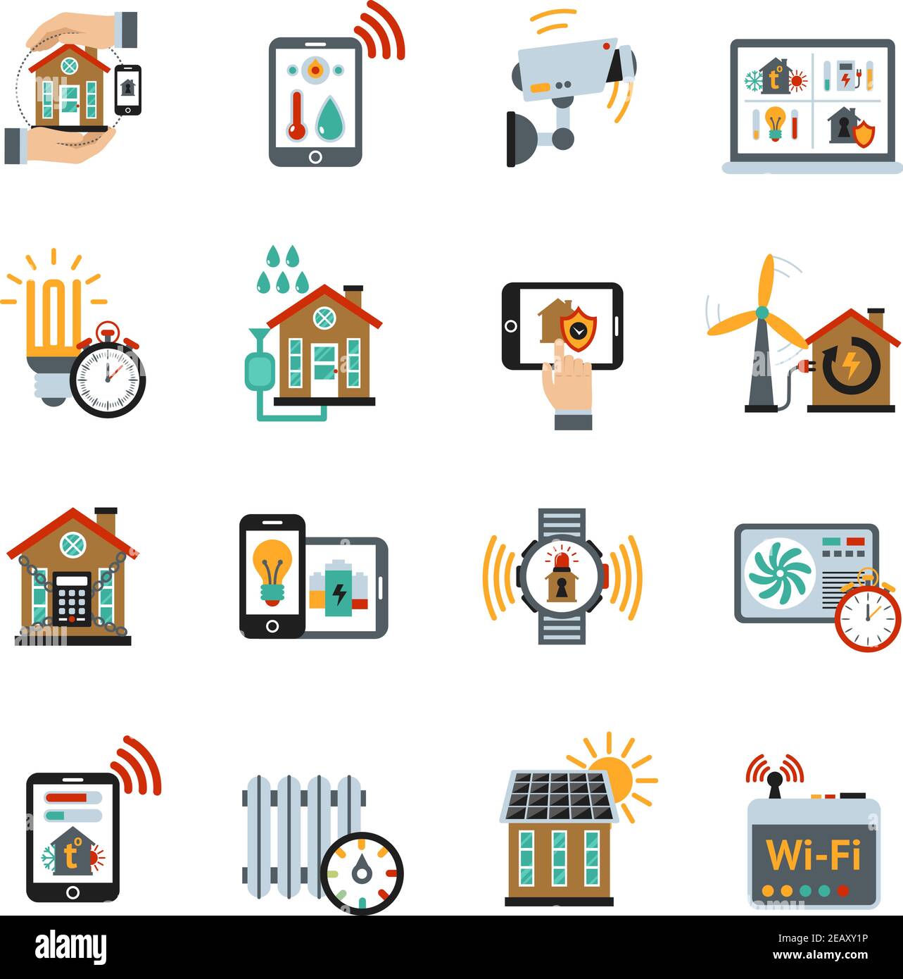 Smart house energy control technology system icons set isolated vector ...
