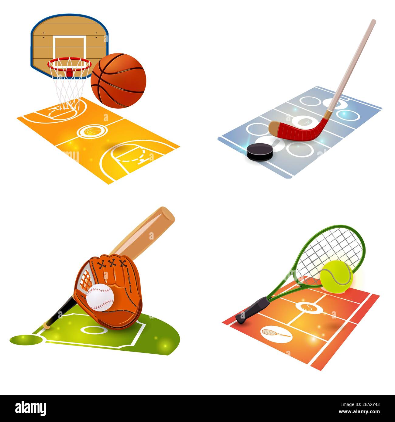 Sport equipment concept set with basketball hockey baseball and tennis ...