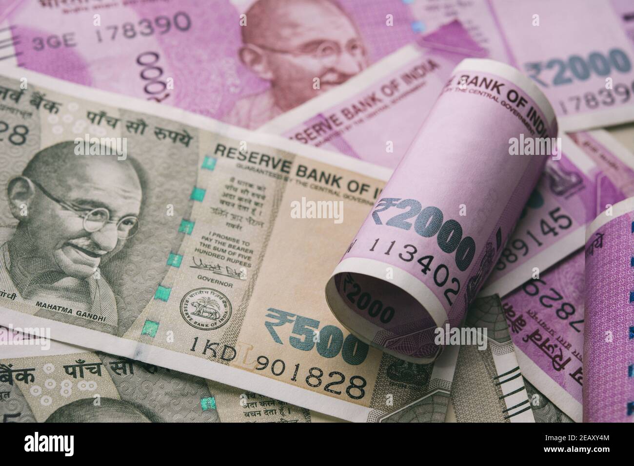 Close up shot of Indian rupee money banknotes for financial and ...