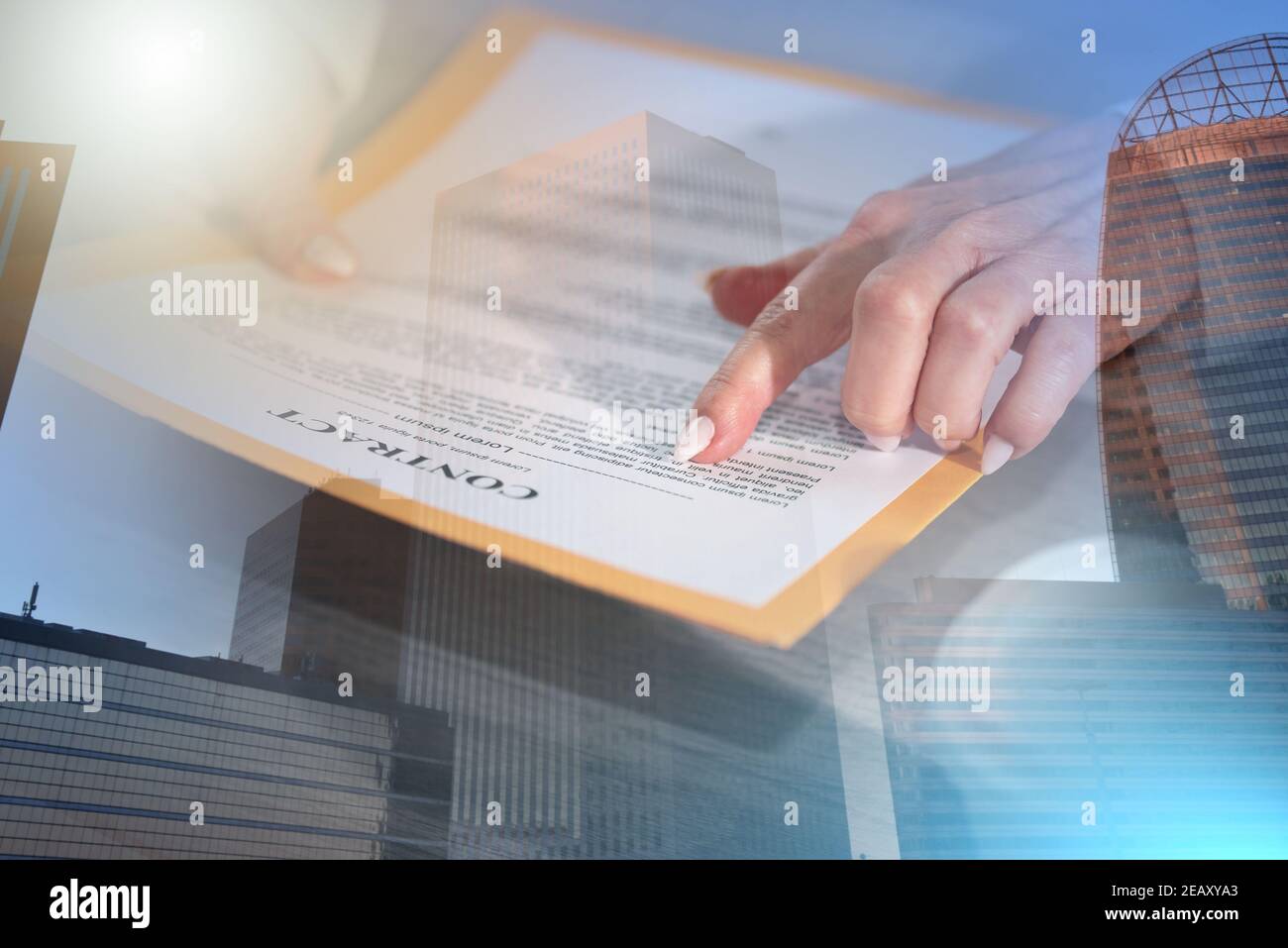 Female hands checking content of a contract; multiple exposure Stock ...
