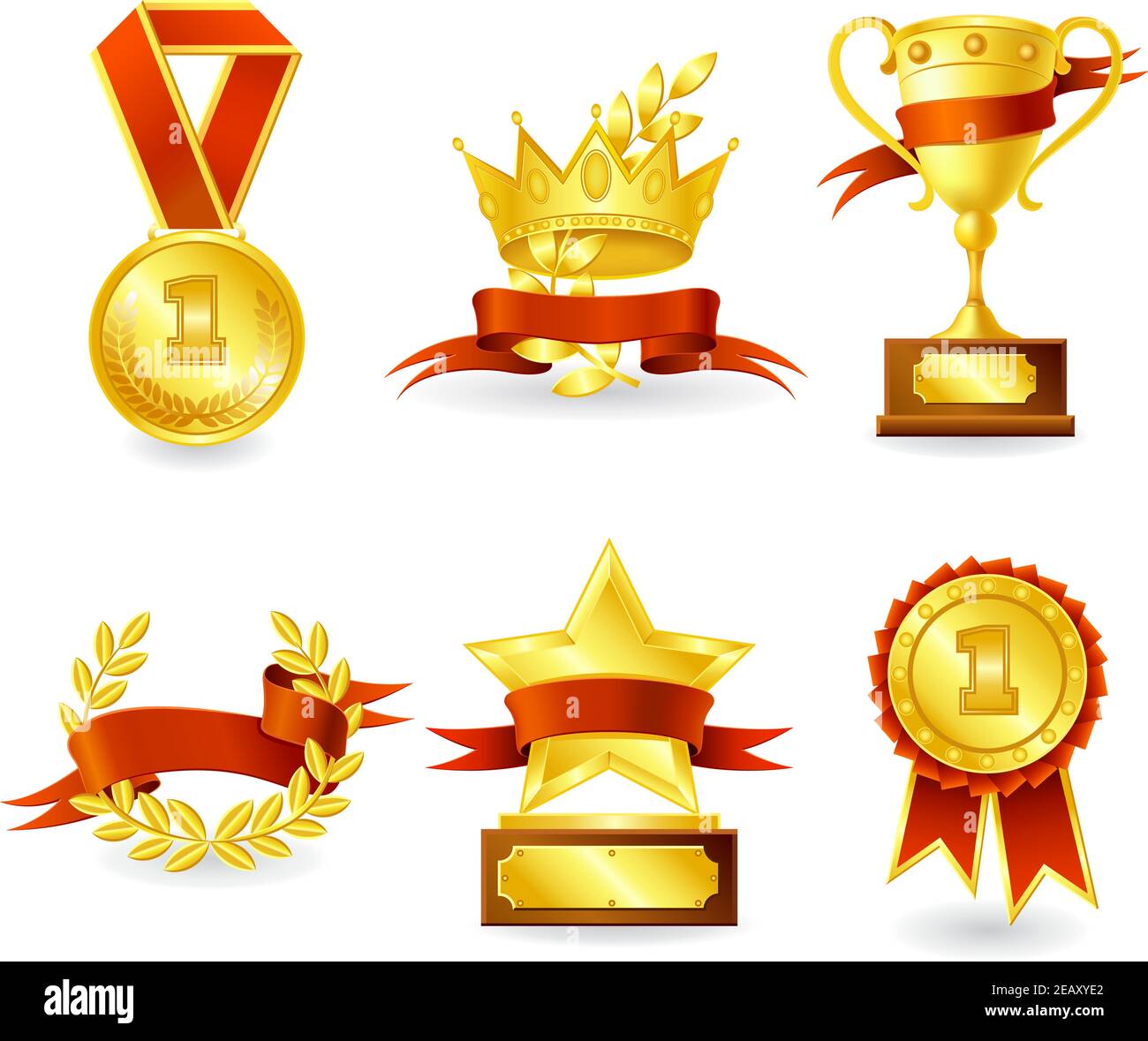 Golden trophy and prize emblem set of shield star medal and wreath ...